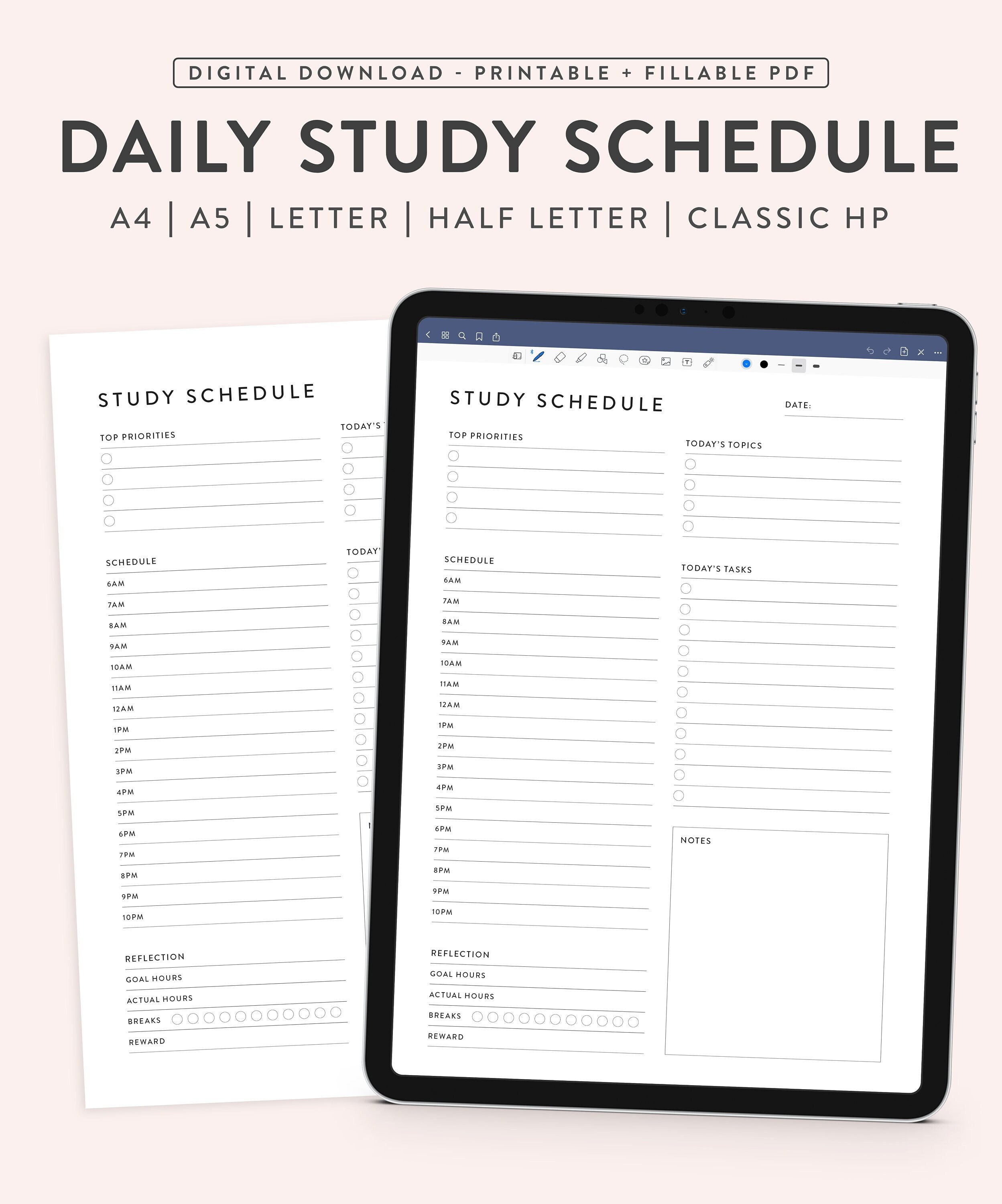 Printable Daily Study Schedule, Fillable 6 AM 10 PM Personal Daily ...