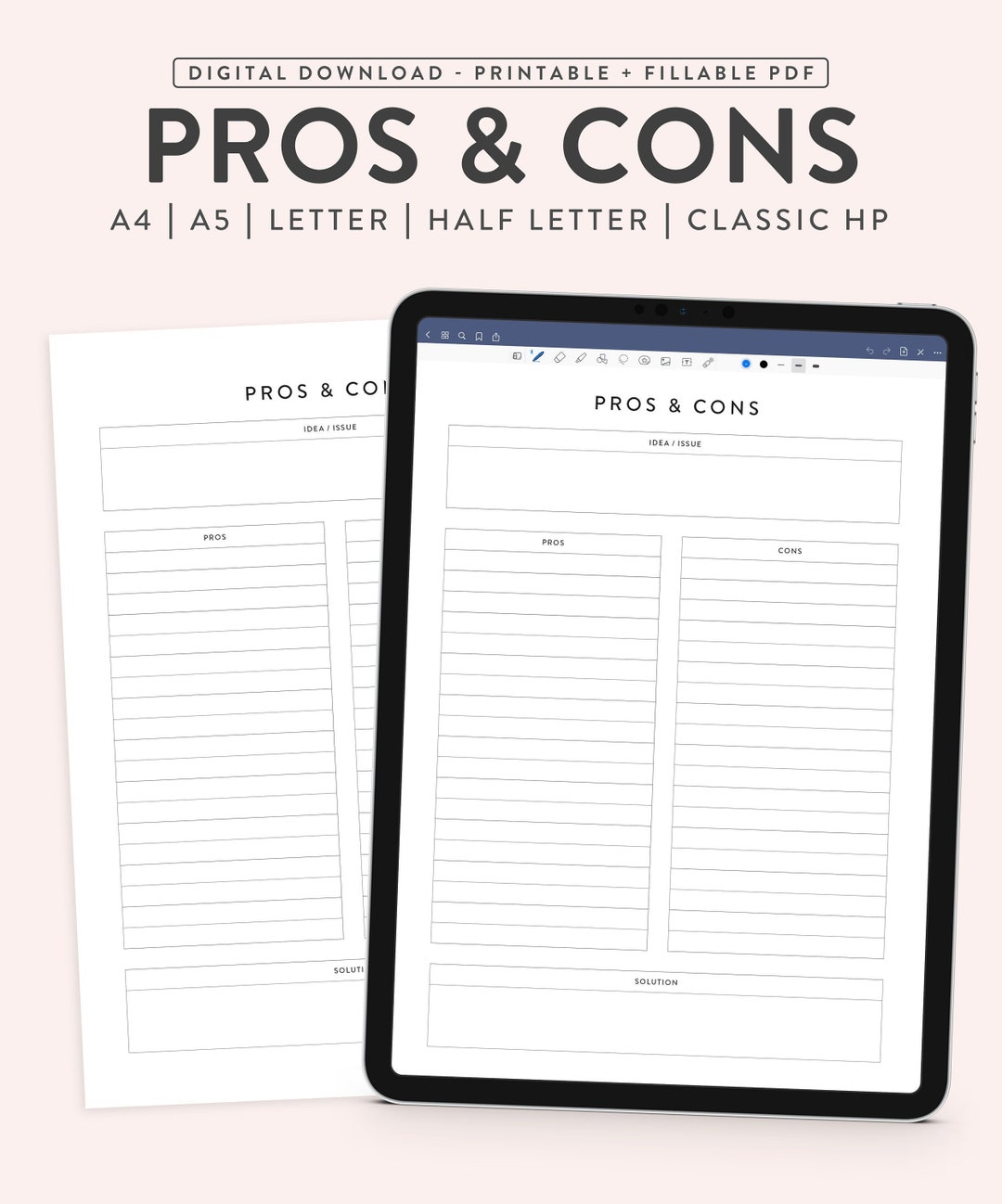 Printable Pros Cons List, Fillable Pros and Cons, Idea Organizer ...