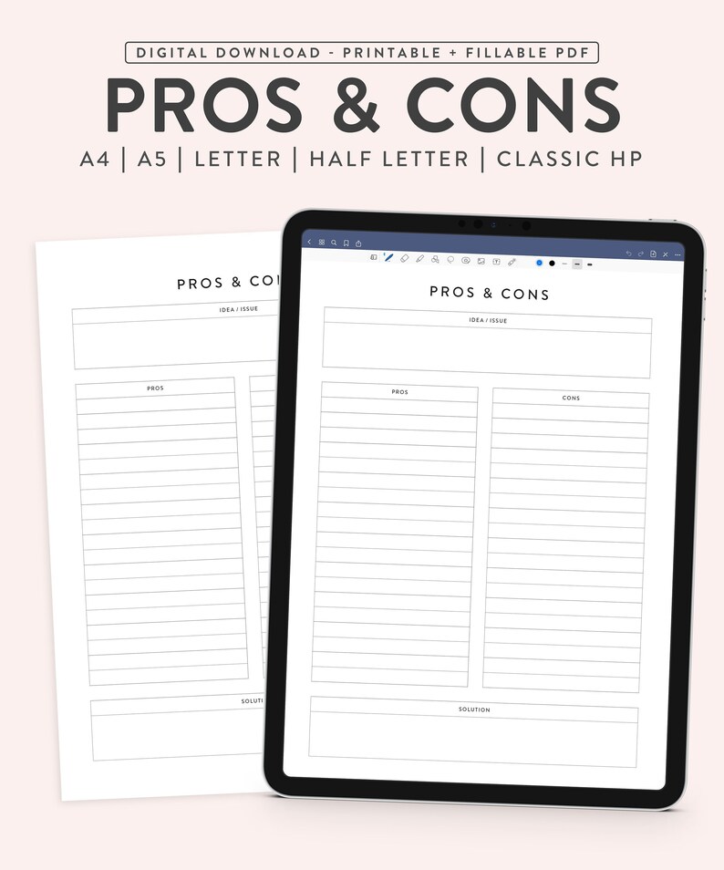 Printable Pros Cons List, Fillable Pros and Cons, Idea Organizer ...
