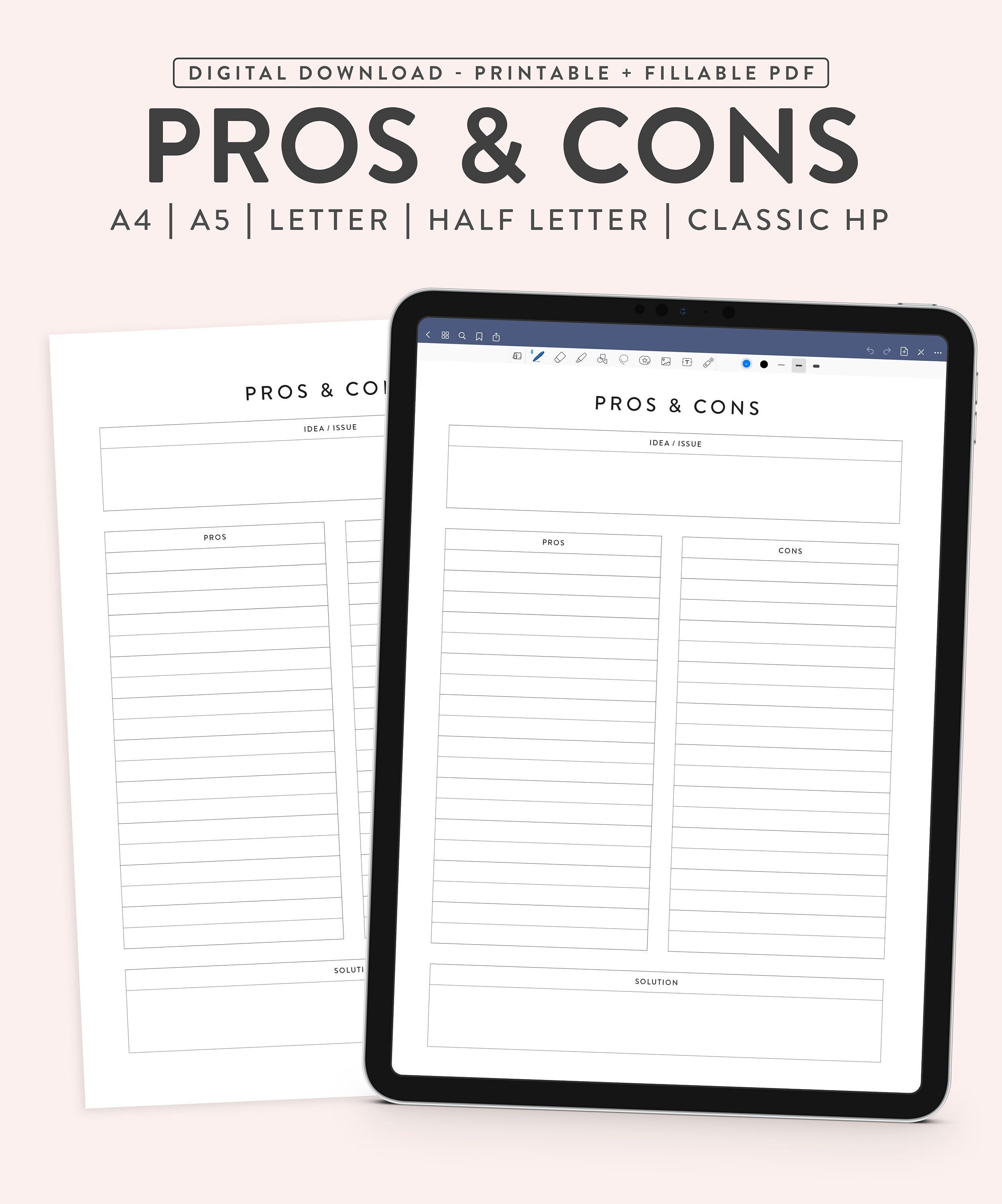 Printable Pros Cons List, Fillable Pros and Cons, Idea Organizer ...