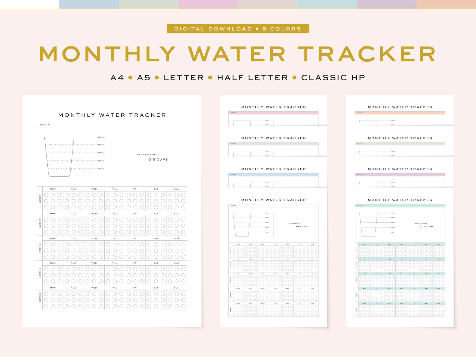 Printable Water Tracker / Reminder, Fillable | Monthly Water Intake | 5 ...