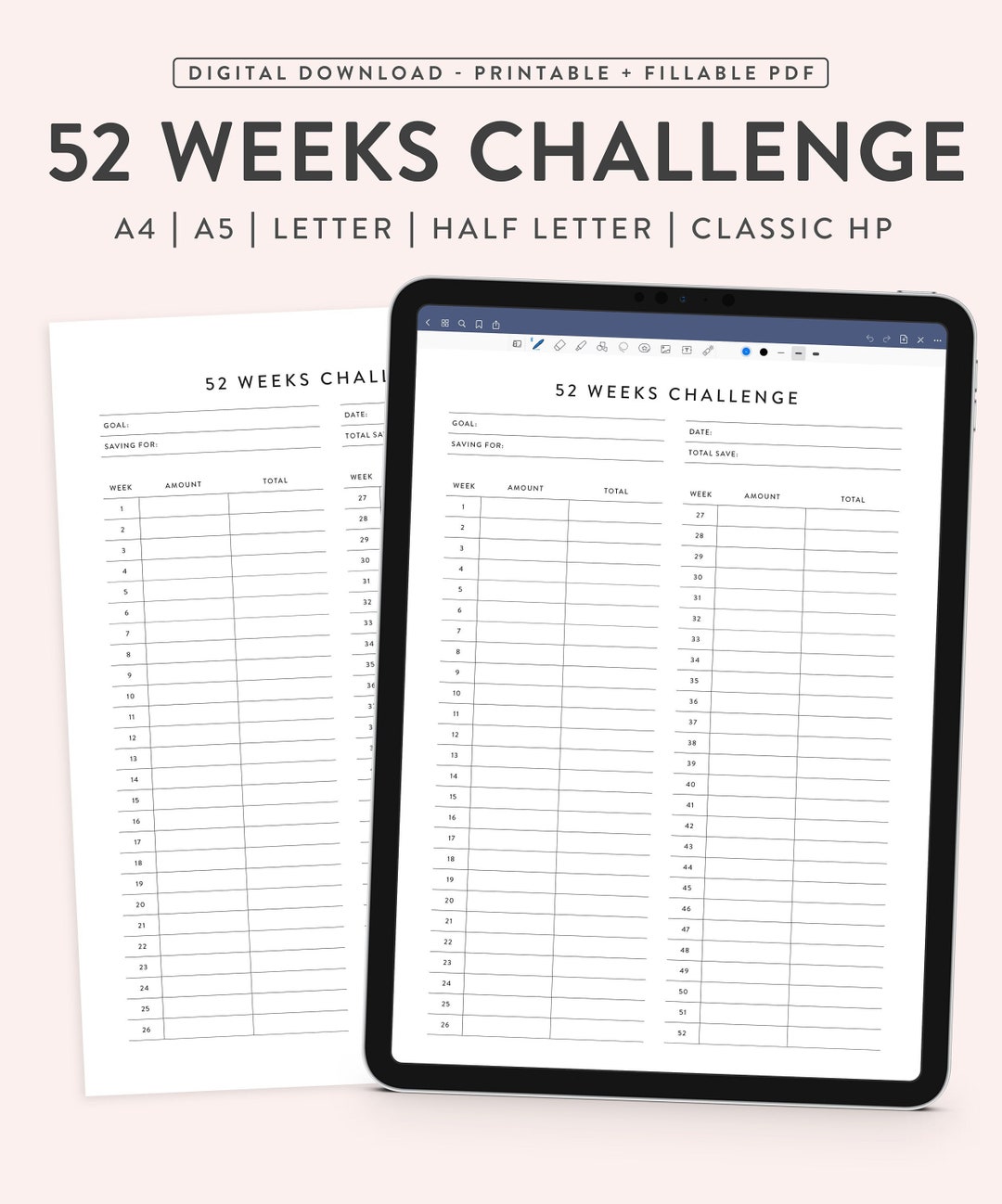 Printable 52 Week Savings Challenge, Fillable PDF, 5 Sizes (digital ...