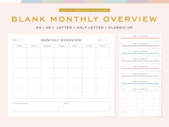 Printable Monthly Overview Planner Fillable Undated Blank - Etsy