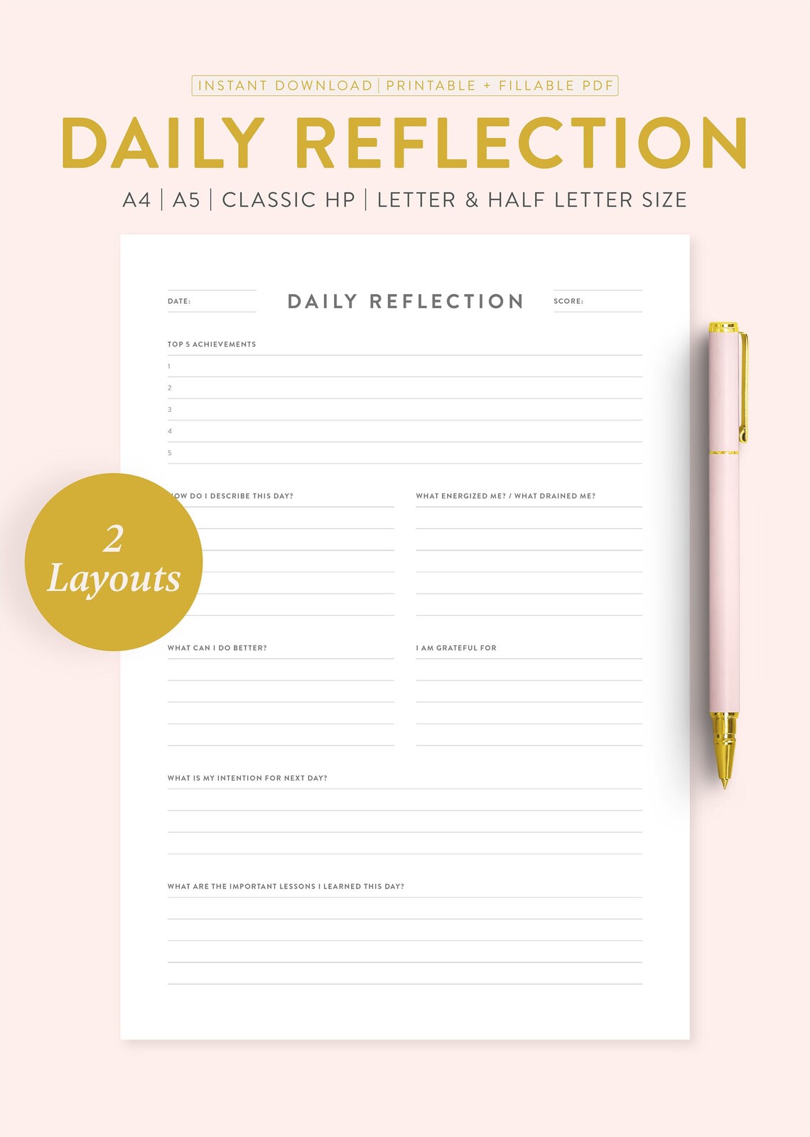 Printable Daily Reflection Fillable Daily Review Template | Etsy UK