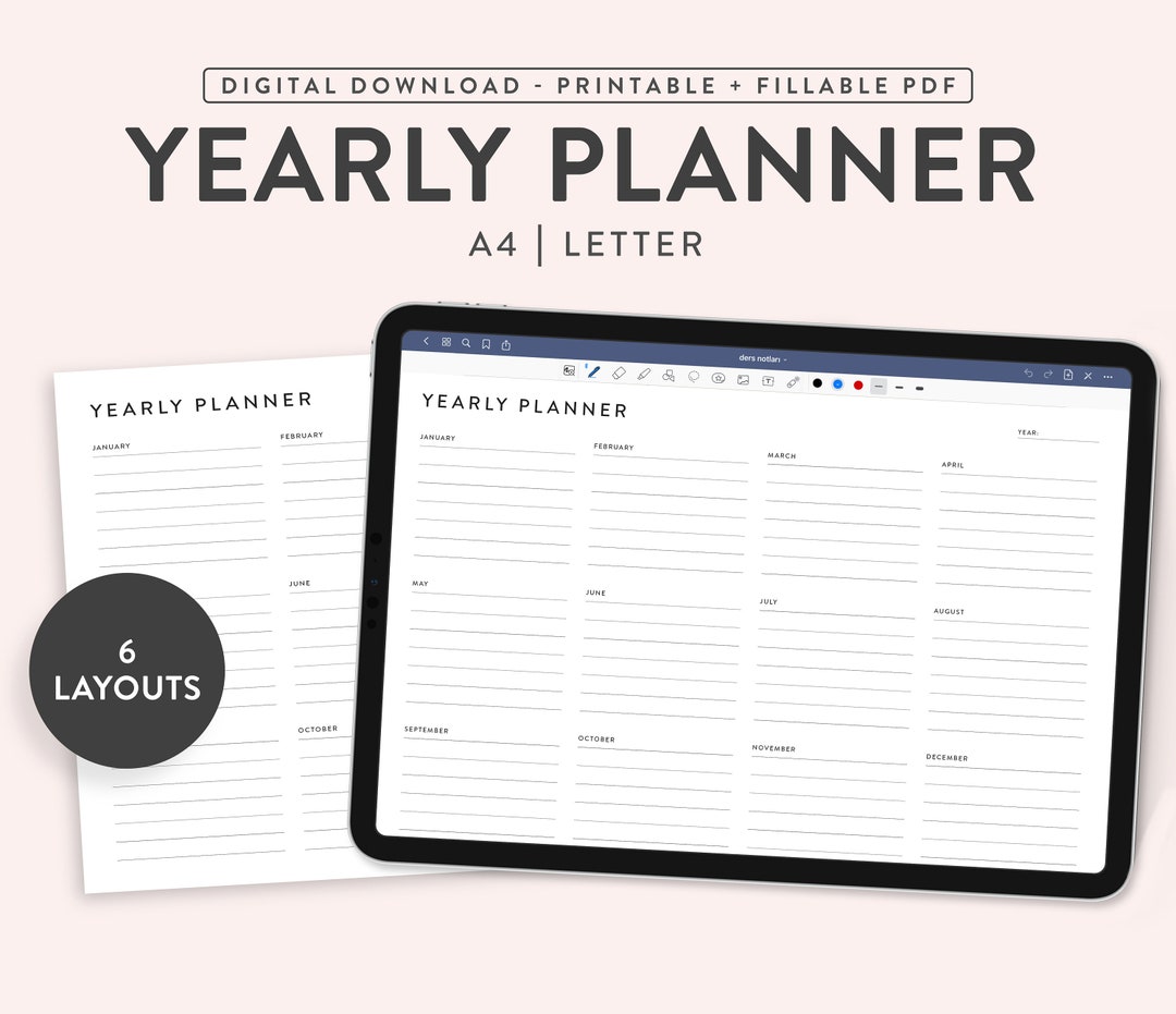 Printable Yearly Planner, Fillable | Undated Yearly Planner, Year at A ...