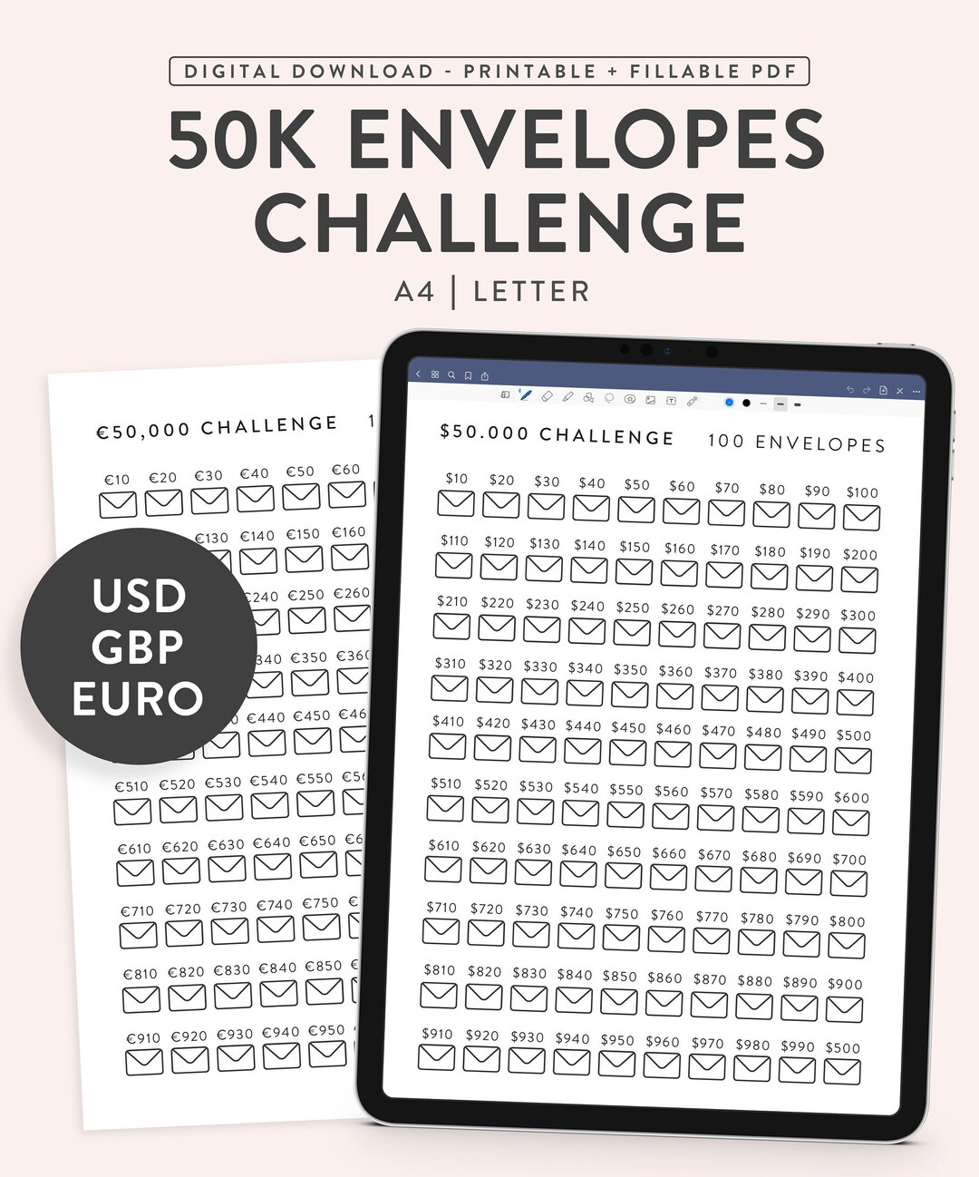 Printable 50K 100 Envelopes Challenge Fillable 50K Savings - Etsy
