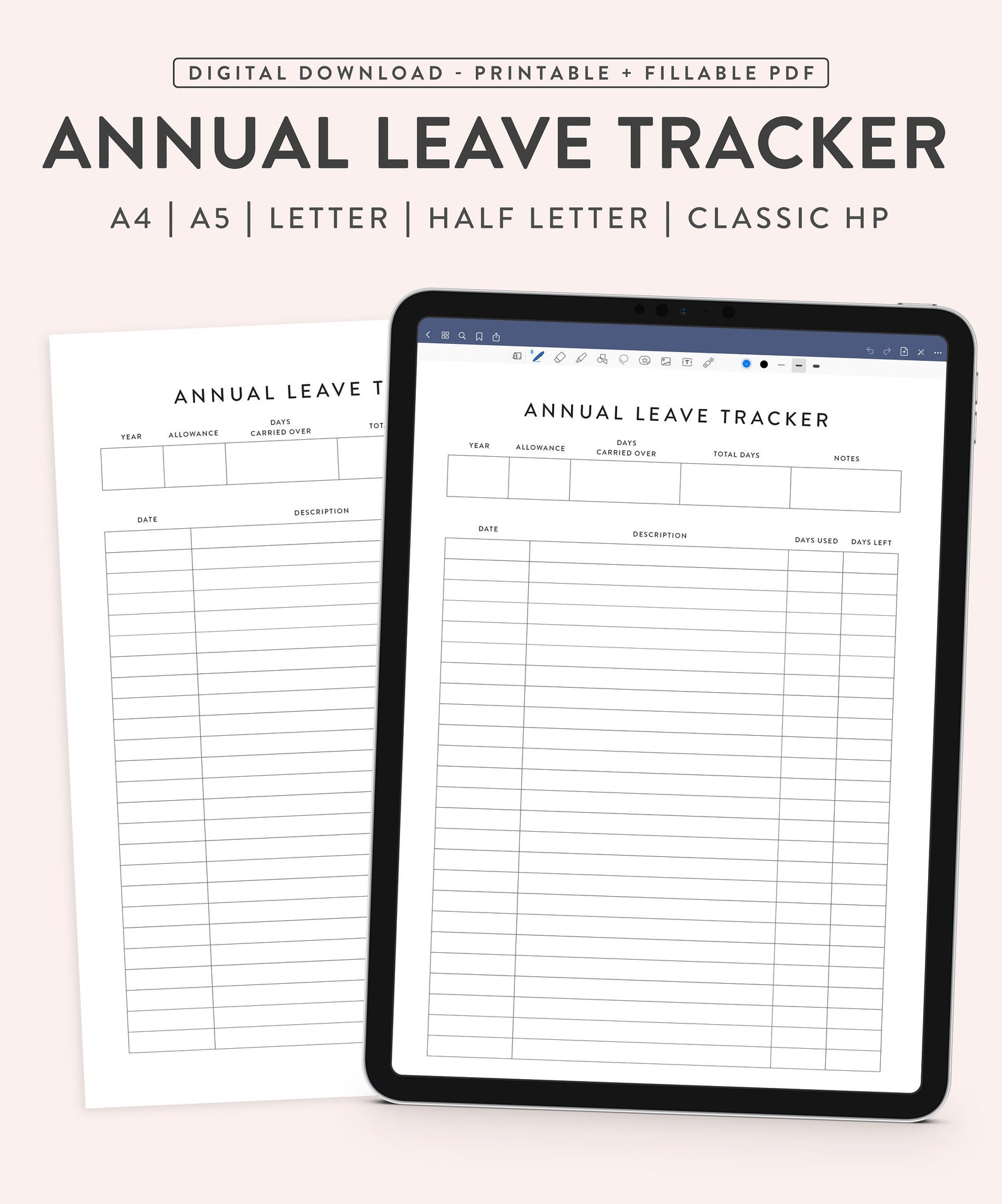 Printable Annual Leave Tracker, Fillable Vacation Days Log (digital ...