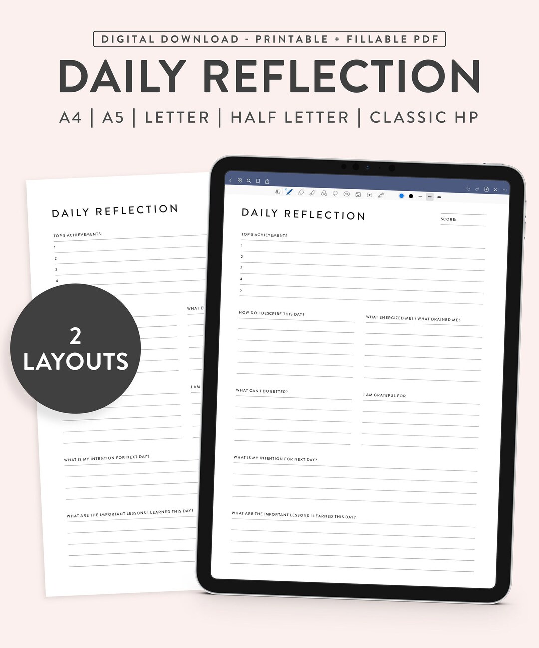 Printable Daily Reflection, Fillable | Daily Review Template - Goal ...