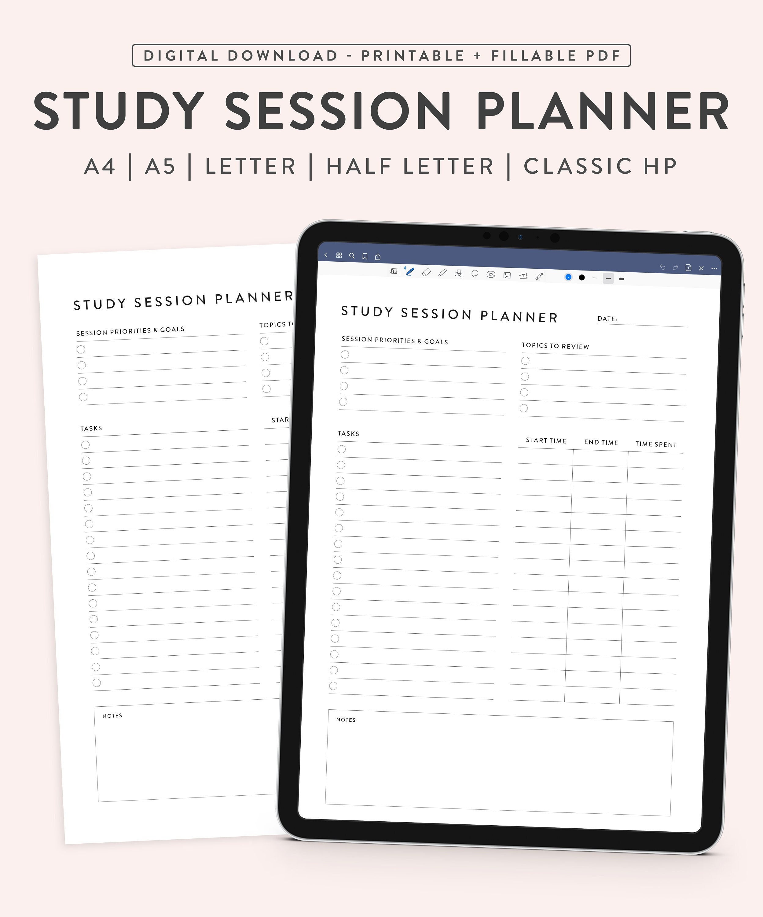 Printable Study Session Planner, Student Session Organizer, Study Time ...