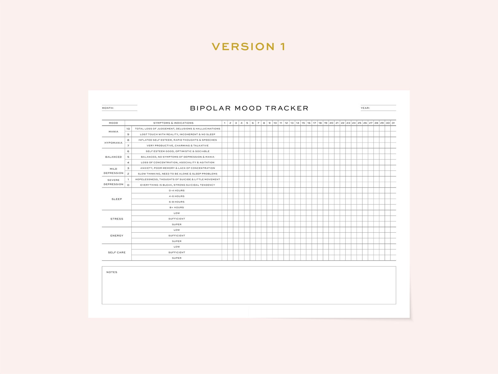 Printable Monthly Bipolar Mood Tracker | A4 & US Letter (digital ...