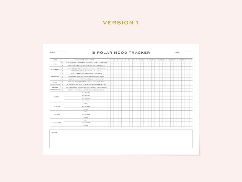 Printable Monthly Bipolar Mood Tracker | A4 & US Letter (digital ...