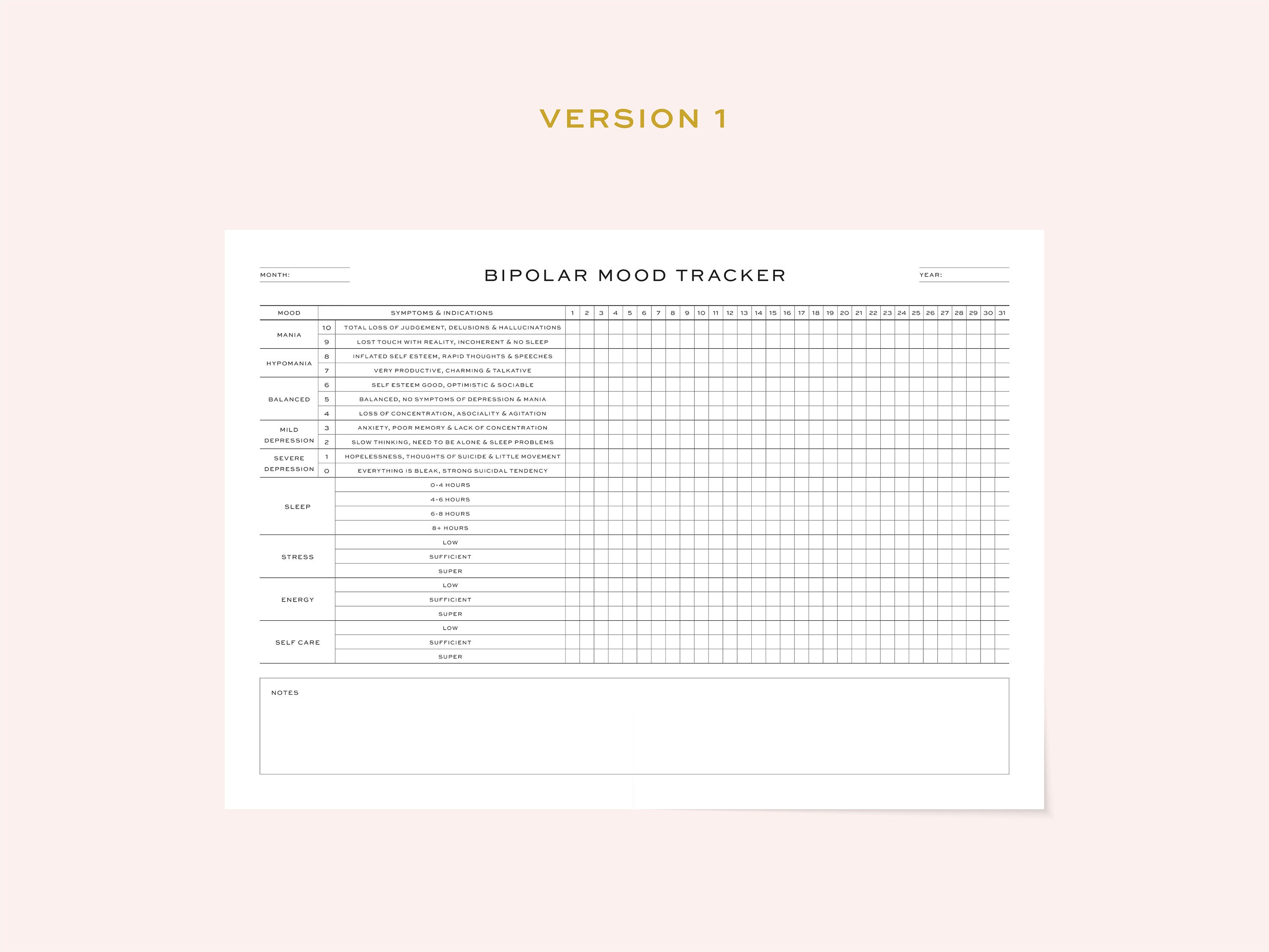 Printable Monthly Bipolar Mood Tracker | A4 & US Letter (digital ...