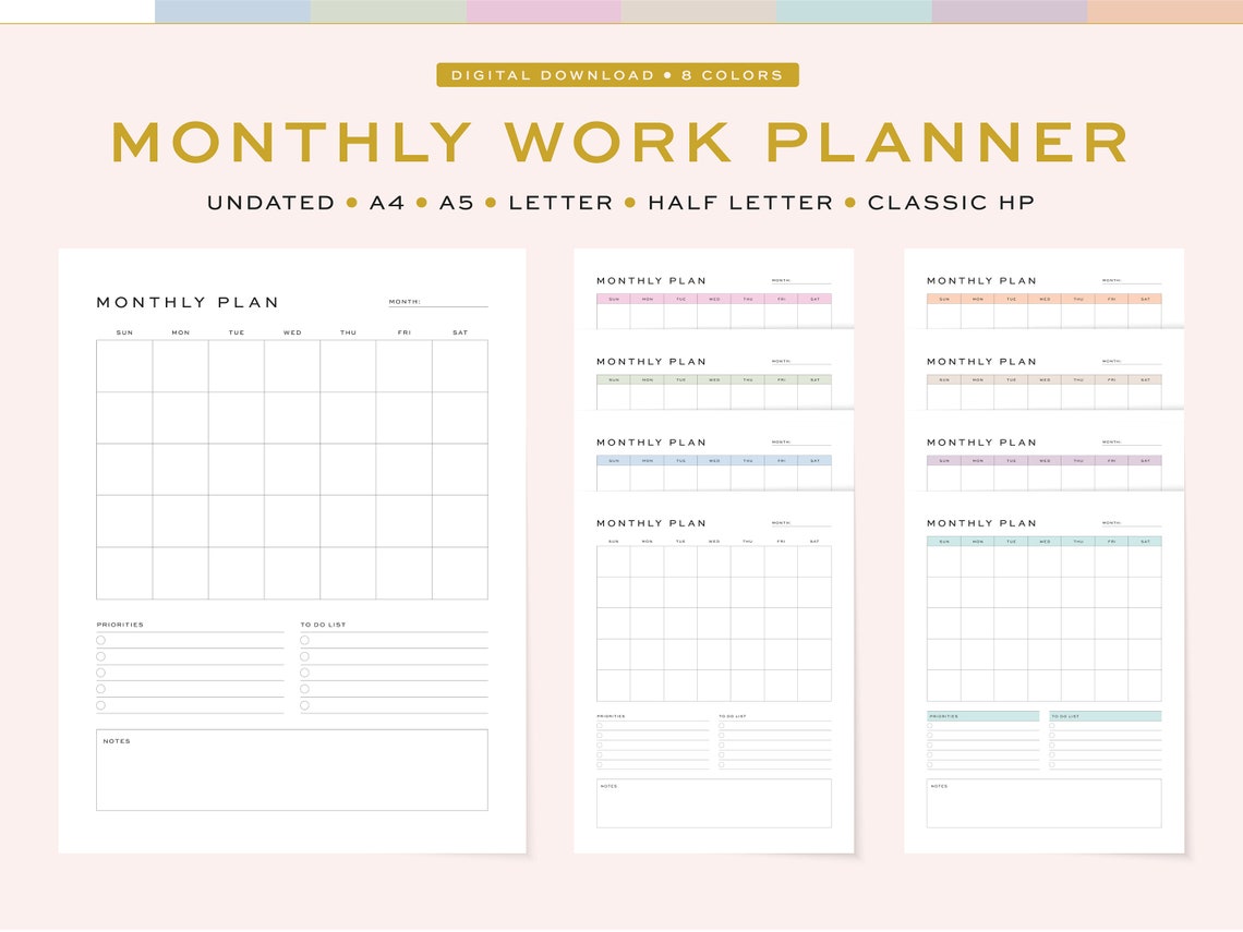 Printable Monthly Work Planner Fillable Minimal Monthly - Etsy