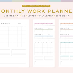 Printable Monthly Work Planner, Fillable | Minimal Monthly Work Planner ...