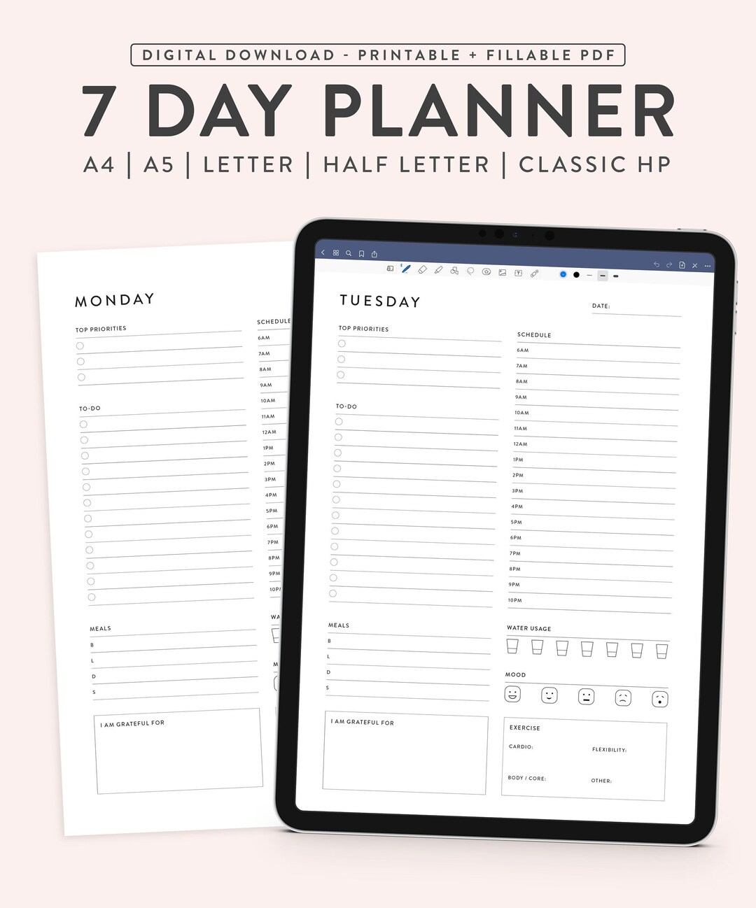 Printable 7-day Planner, Fillable | Daily Planner, Schedule, Mood and ...