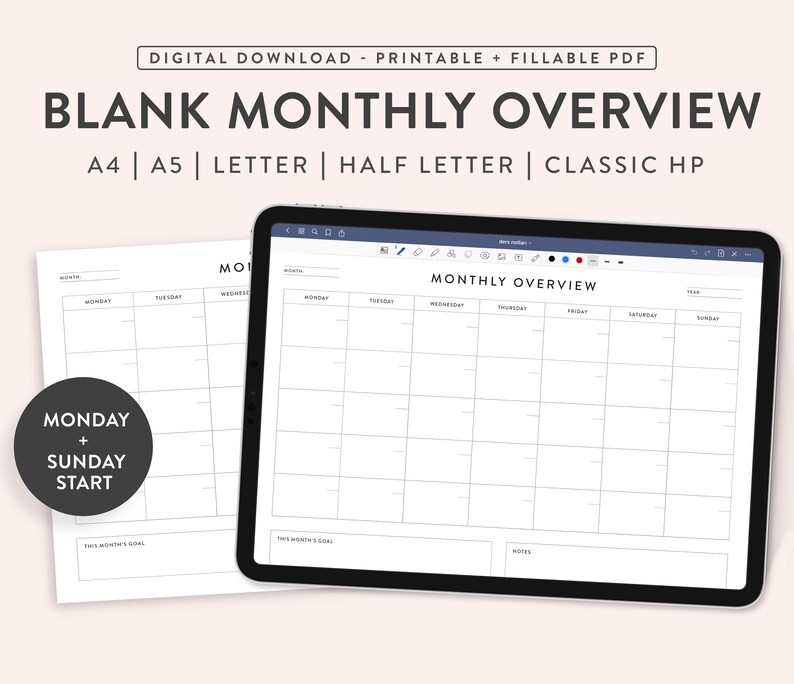 Printable Monthly Overview Planner, Fillable, Undated, Blank | 5 Sizes ...