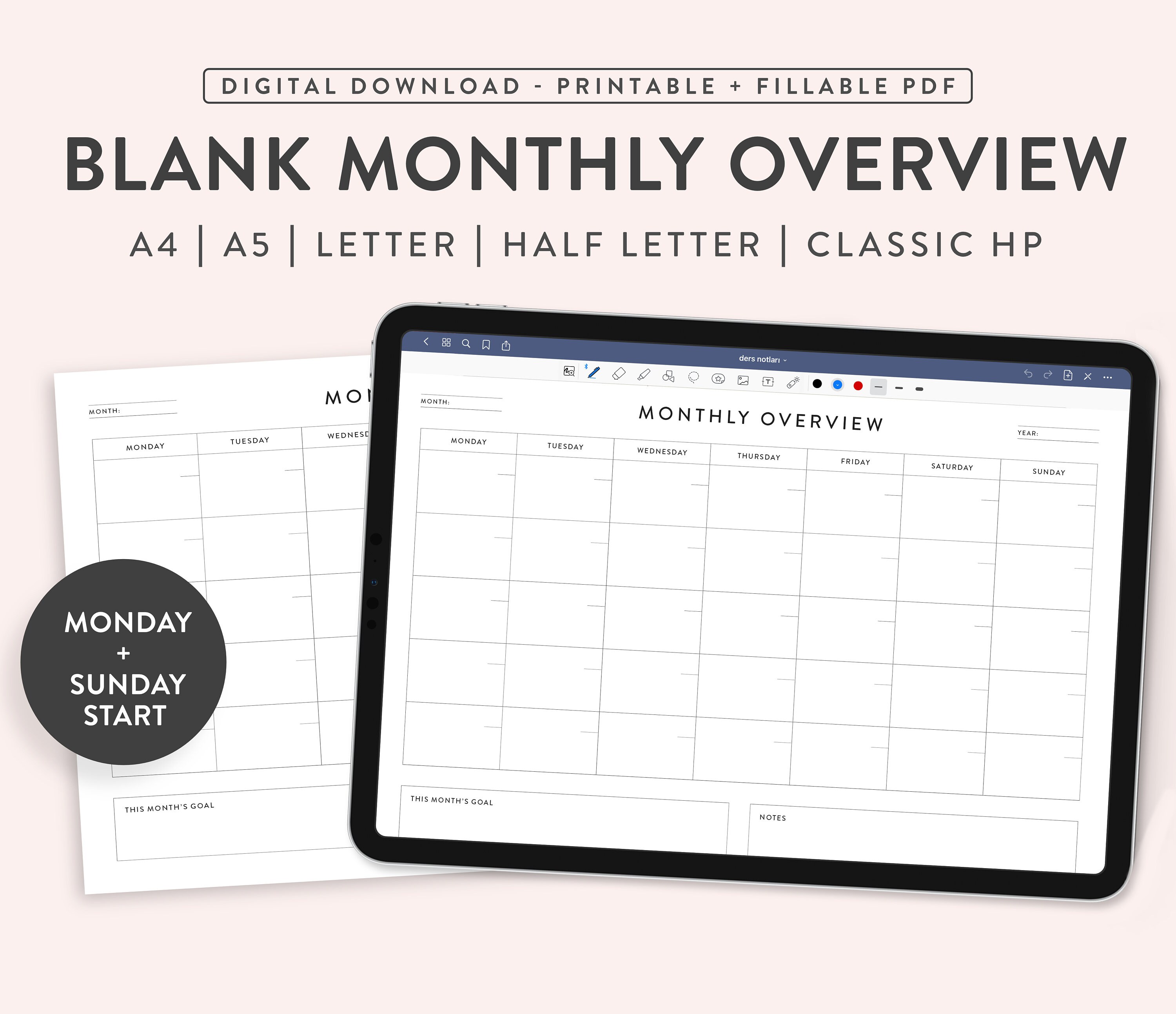Printable Monthly Overview Planner, Fillable, Undated, Blank | 5 Sizes ...