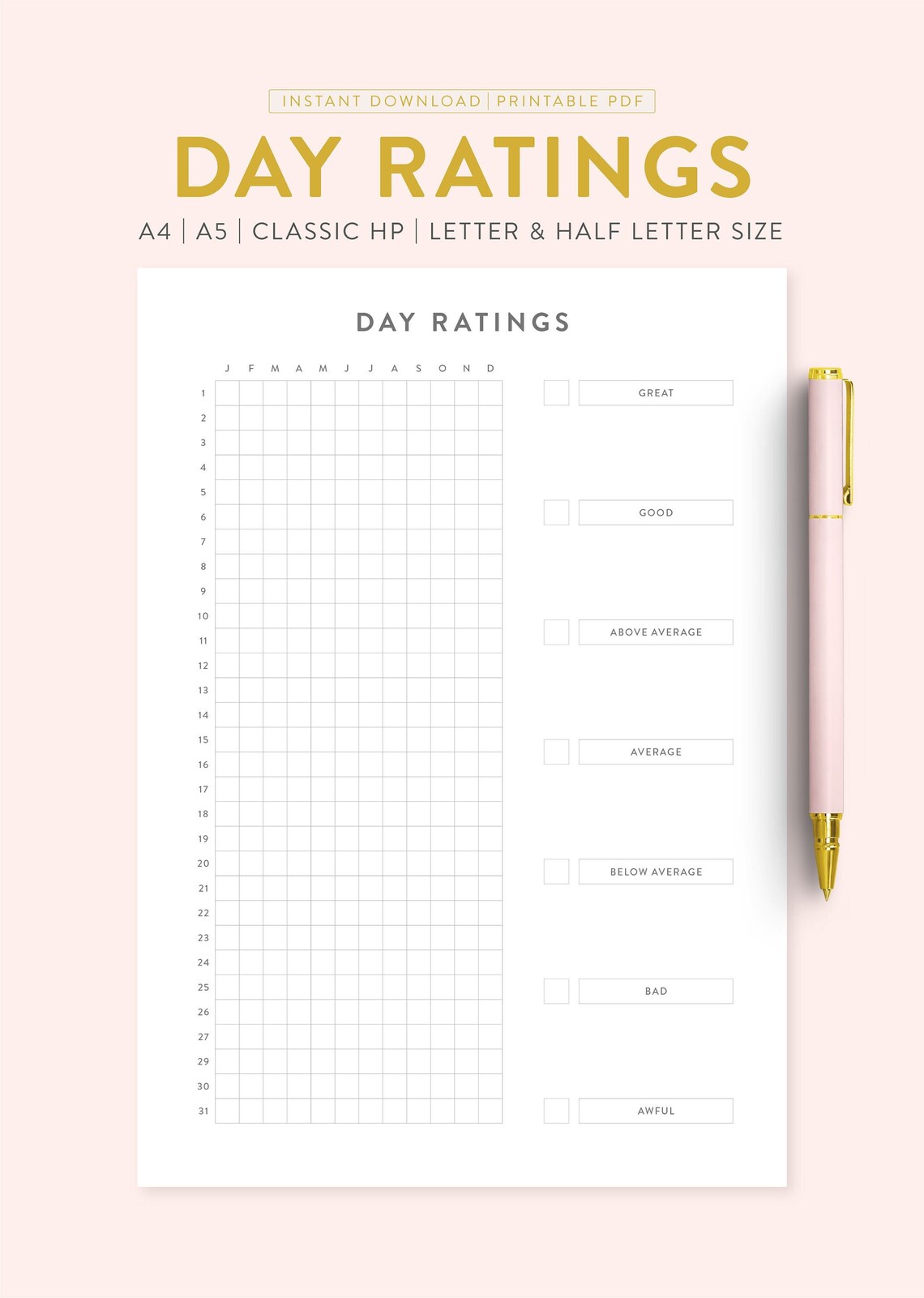 Printable Day Ratings Tracker A Year in Pixels Yearly Mood | Etsy UK
