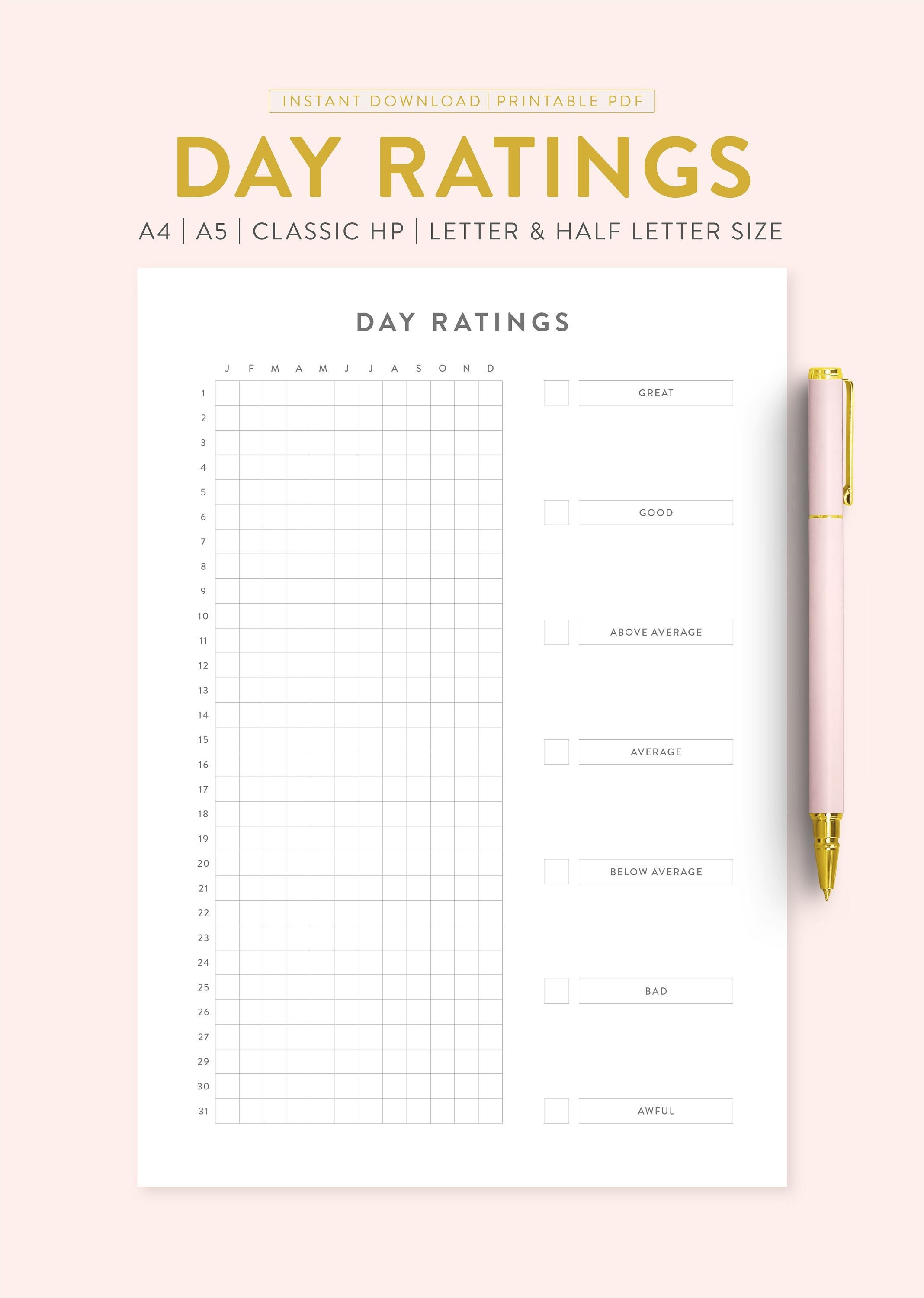 Printable Day Ratings Tracker A Year in Pixels Yearly Mood | Etsy UK
