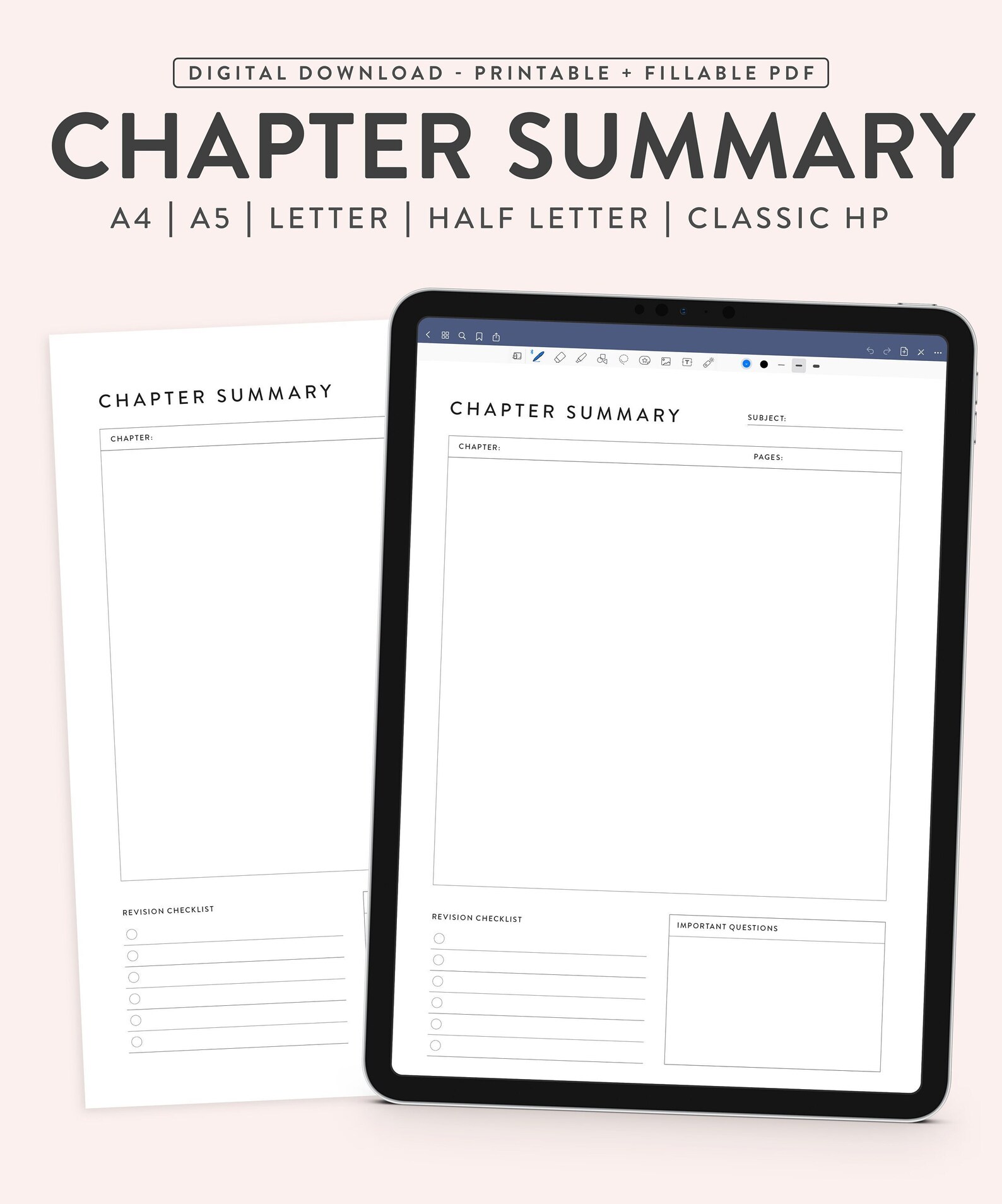 Printable Chapter Summary Planner, Fillable Study Organizer (digital ...