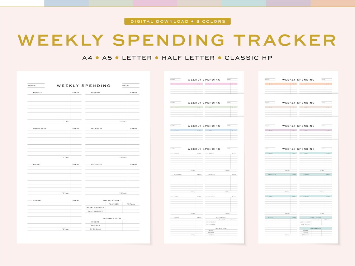 Printable Weekly Spending Tracker Fillable 5 Sizes A4 A5 | Etsy