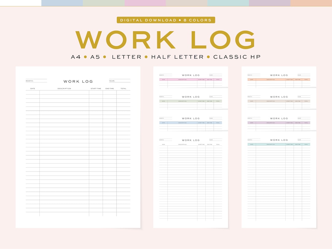 Printable Work Log, Work Time Tracker, Fillable Time Log, Working Hours ...