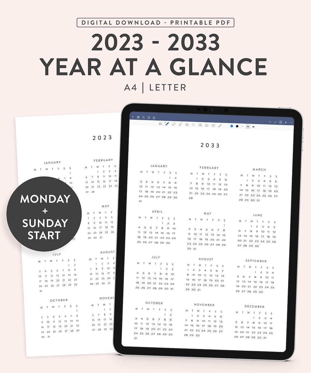 Printable 2023-2033 Yearly Calendars | 2023-2033 Year Calendars, Annual ...