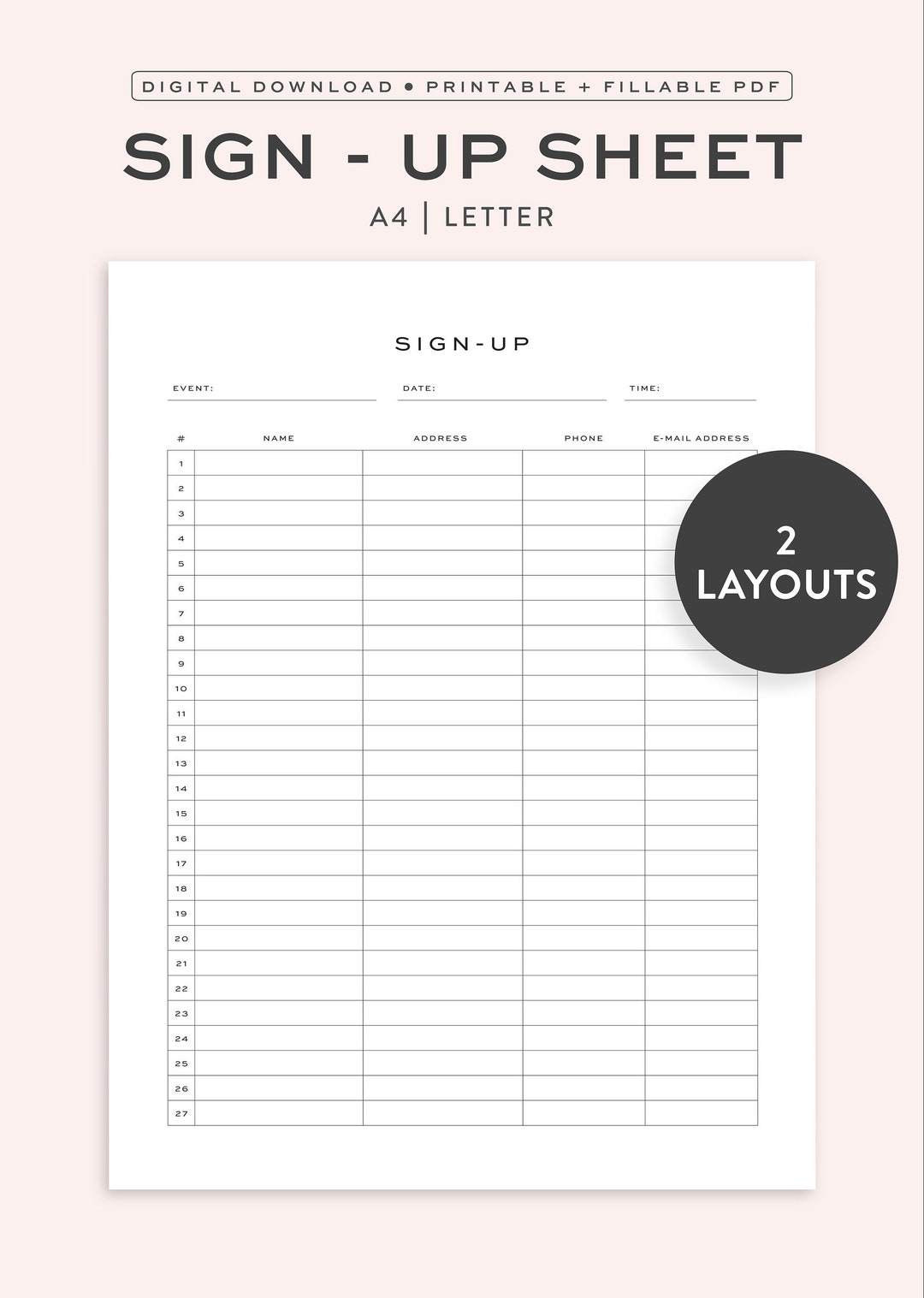 Printable Sign up Sheet Fillable Sign up Forms Event Sign - Etsy