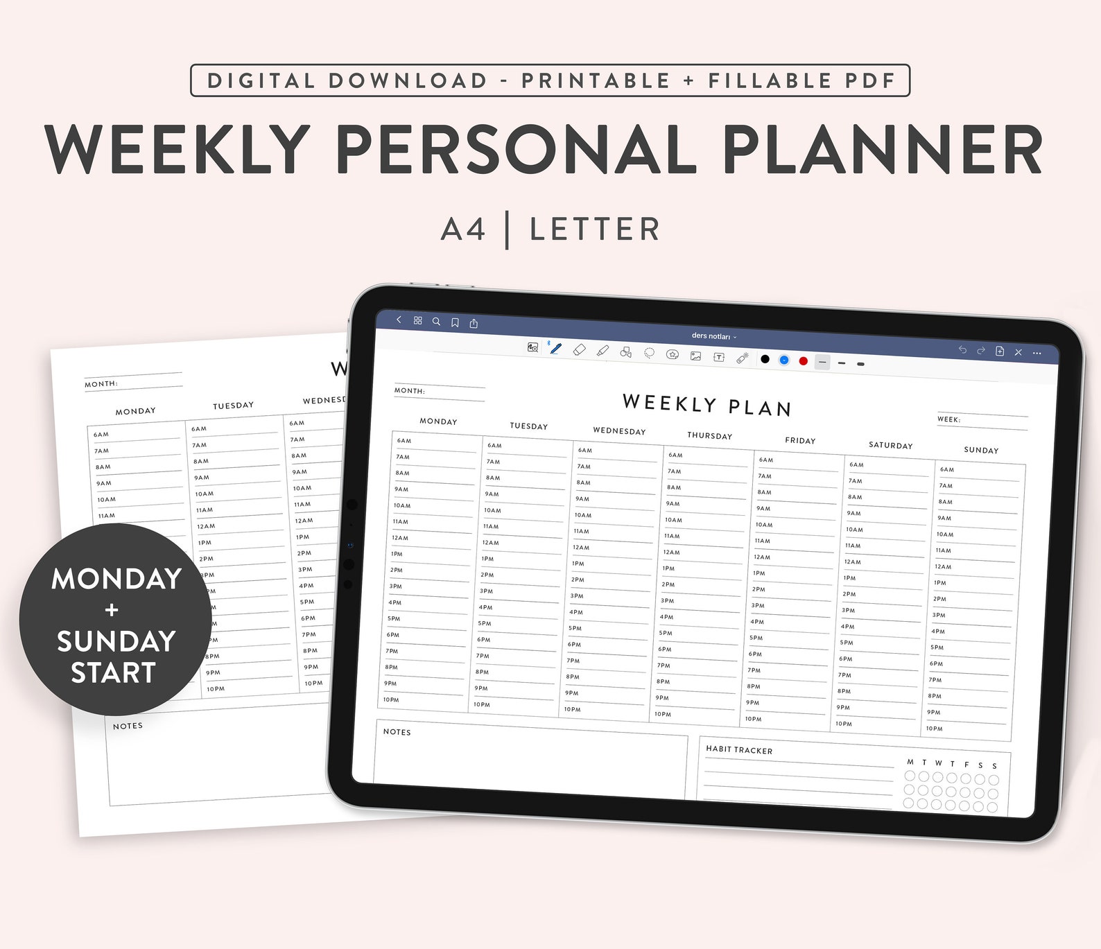 Printable Weekly Planner Fillable Hourly Weekly Planner - Etsy UK