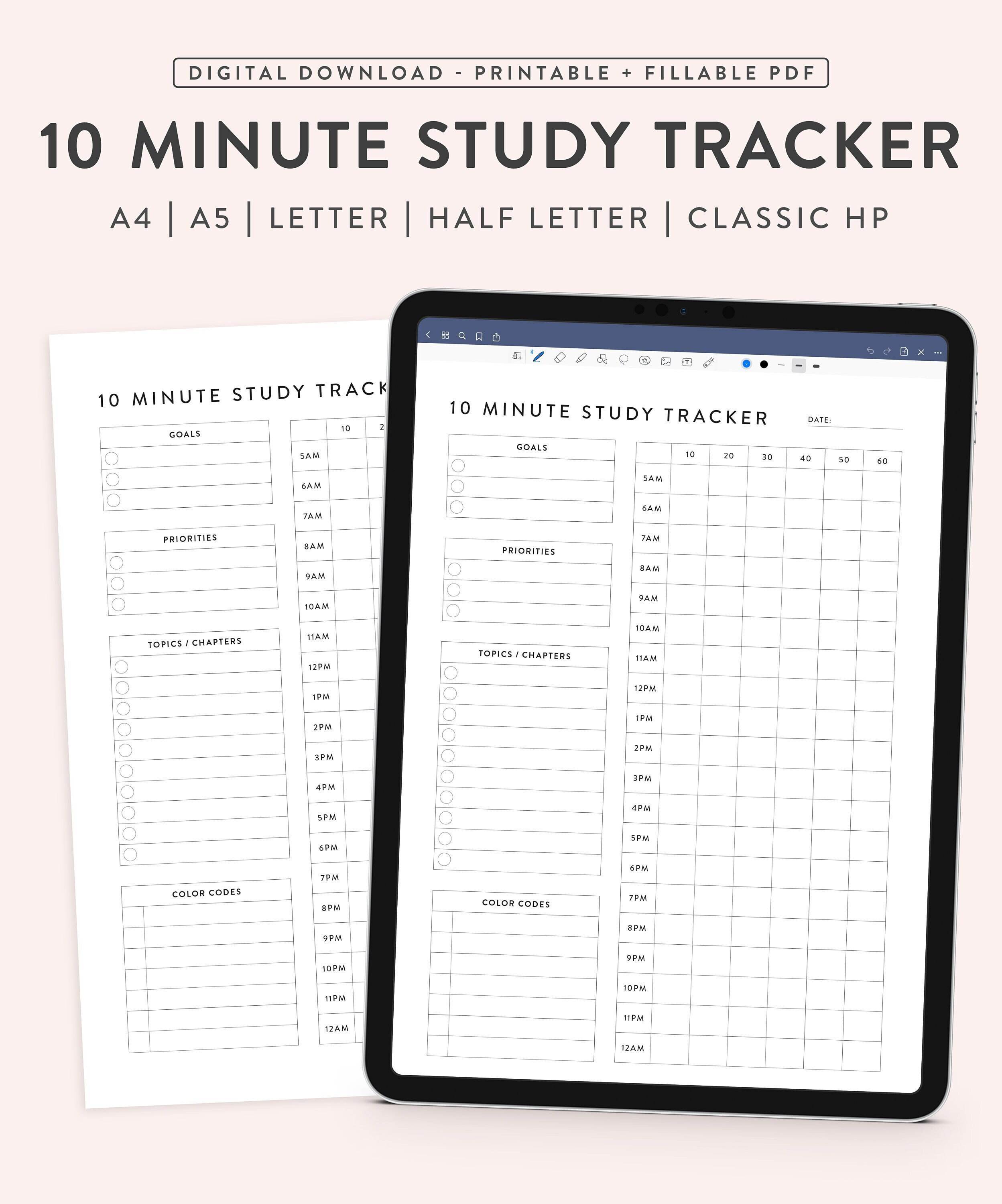 Printable 10 Minute Study Tracker, Study Session Planner, Academic ...