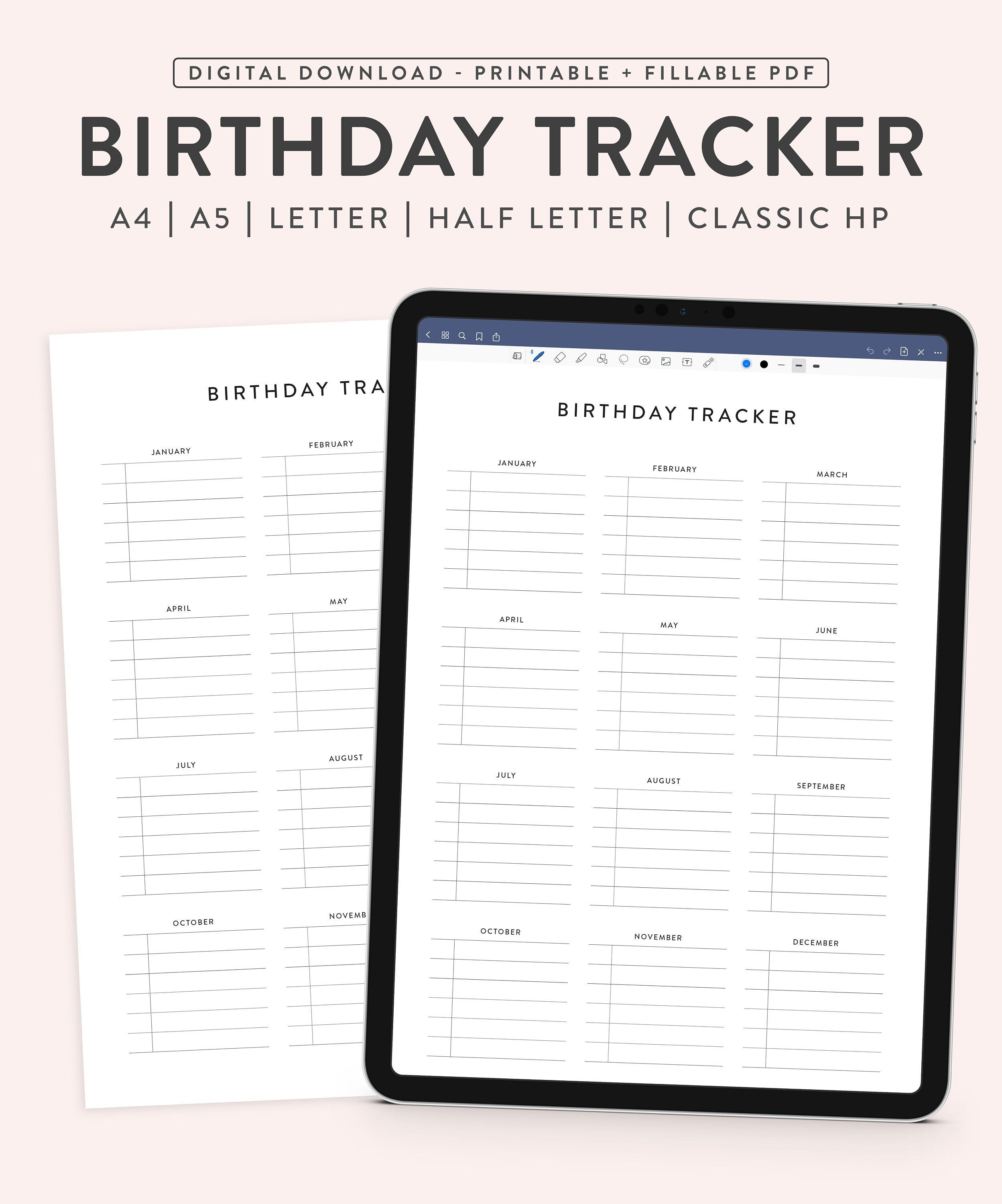 Printable Birthday Tracker, Fillable Birthday Log, Birthday List ...