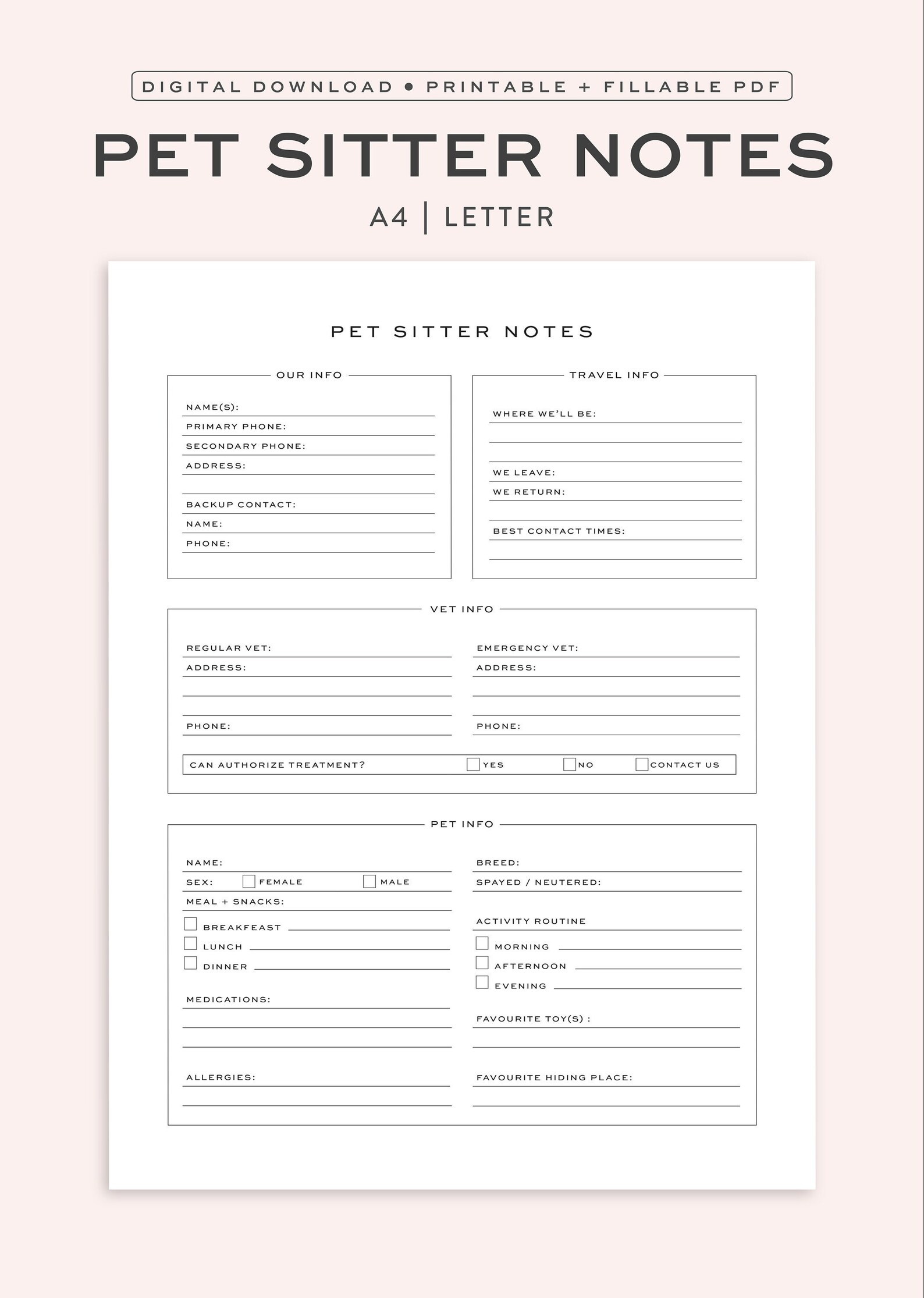 Printable Pet Sitter Notes Pet Sitting Forms Insert Fillable - Etsy UK