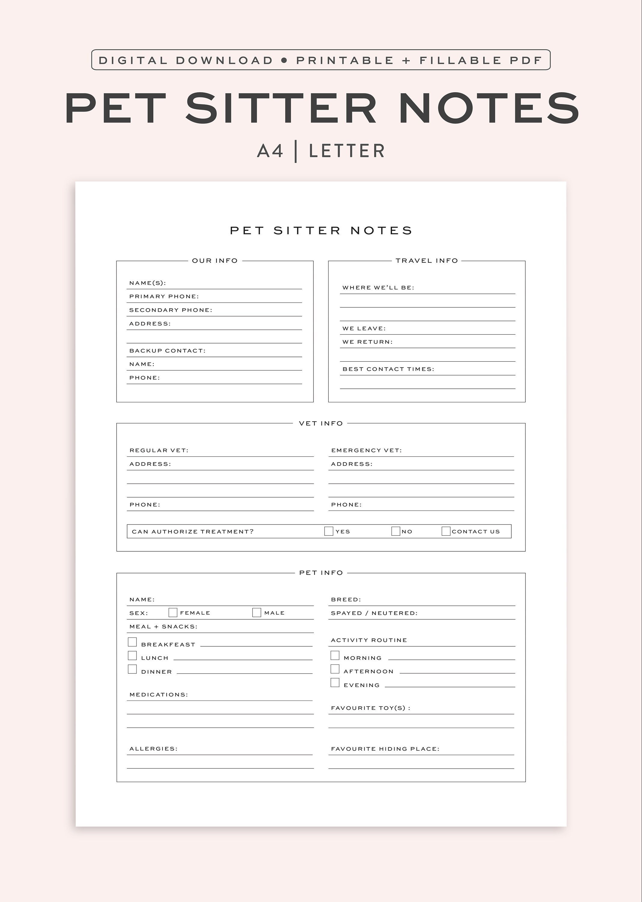 Printable Pet Sitter Notes Pet Sitting Forms Insert Fillable - Etsy UK