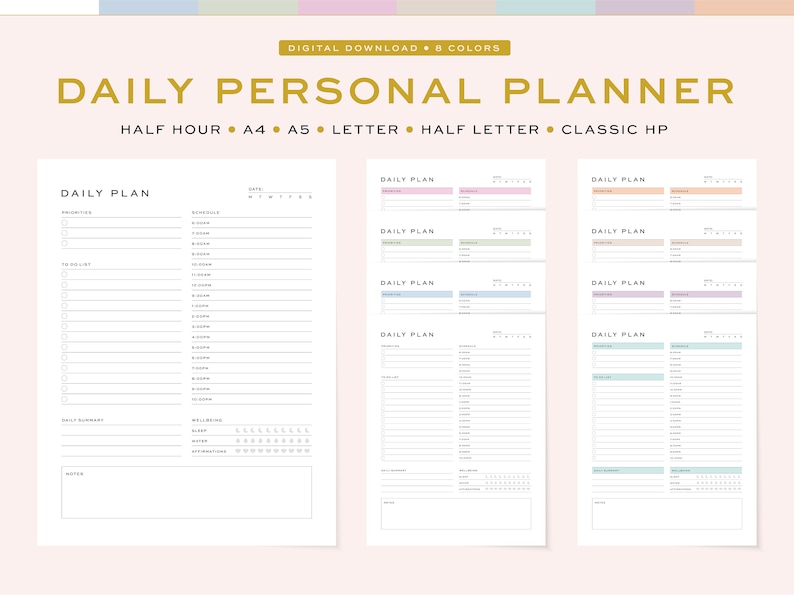 Printable Daily Planner Fillable Undated Personal Minimal | Etsy
