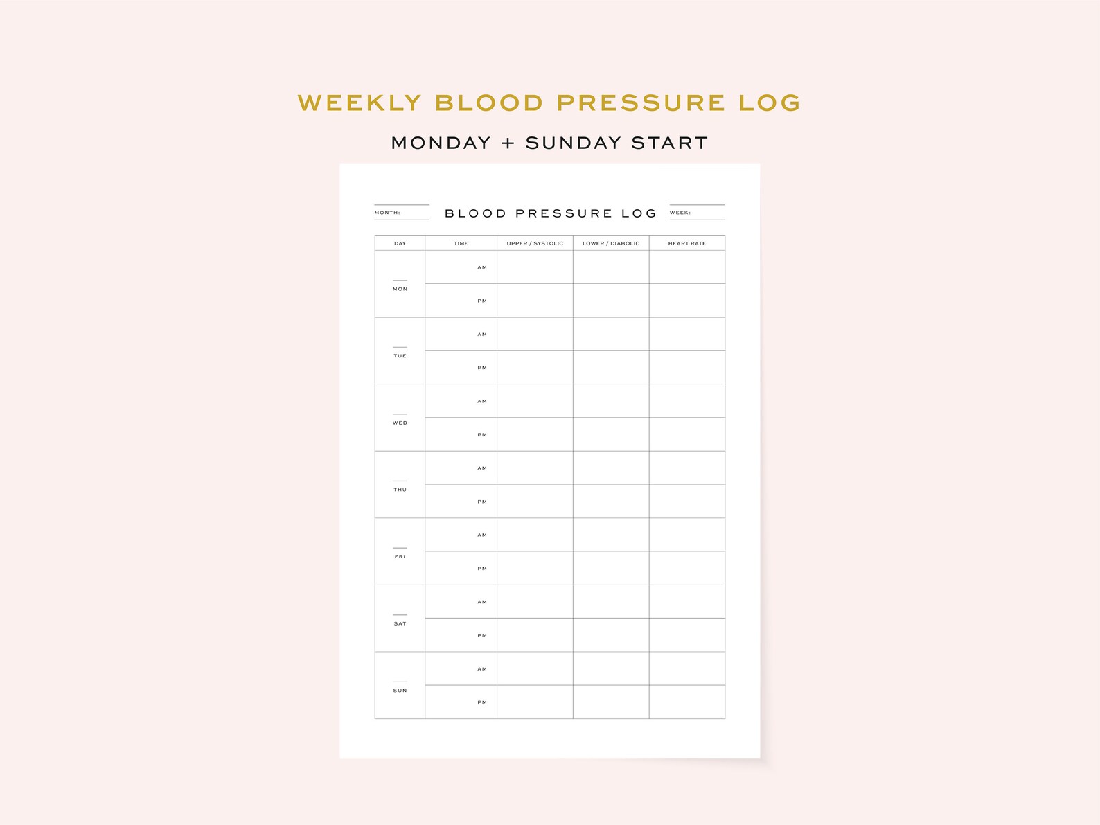 Printable Blood Pressure Log / Tracker, Fillable | Daily / Weekly ...