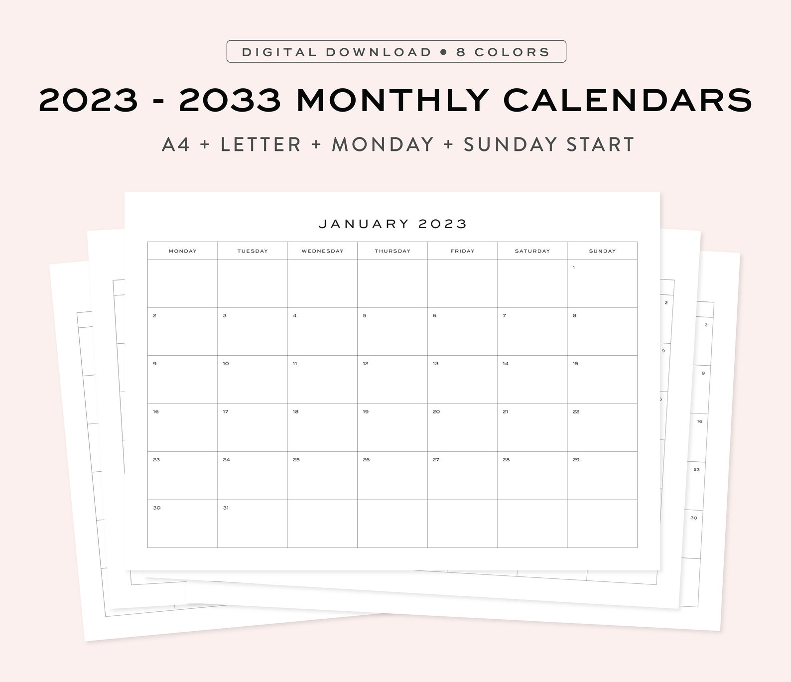 Printable 2023-2033 Monthly Calendars Horizontal 2023-2033 - Etsy UK