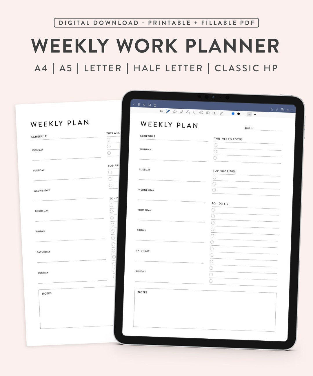 Printable Weekly Work Planner, Fillable | Minimal Work Planner | 5 ...