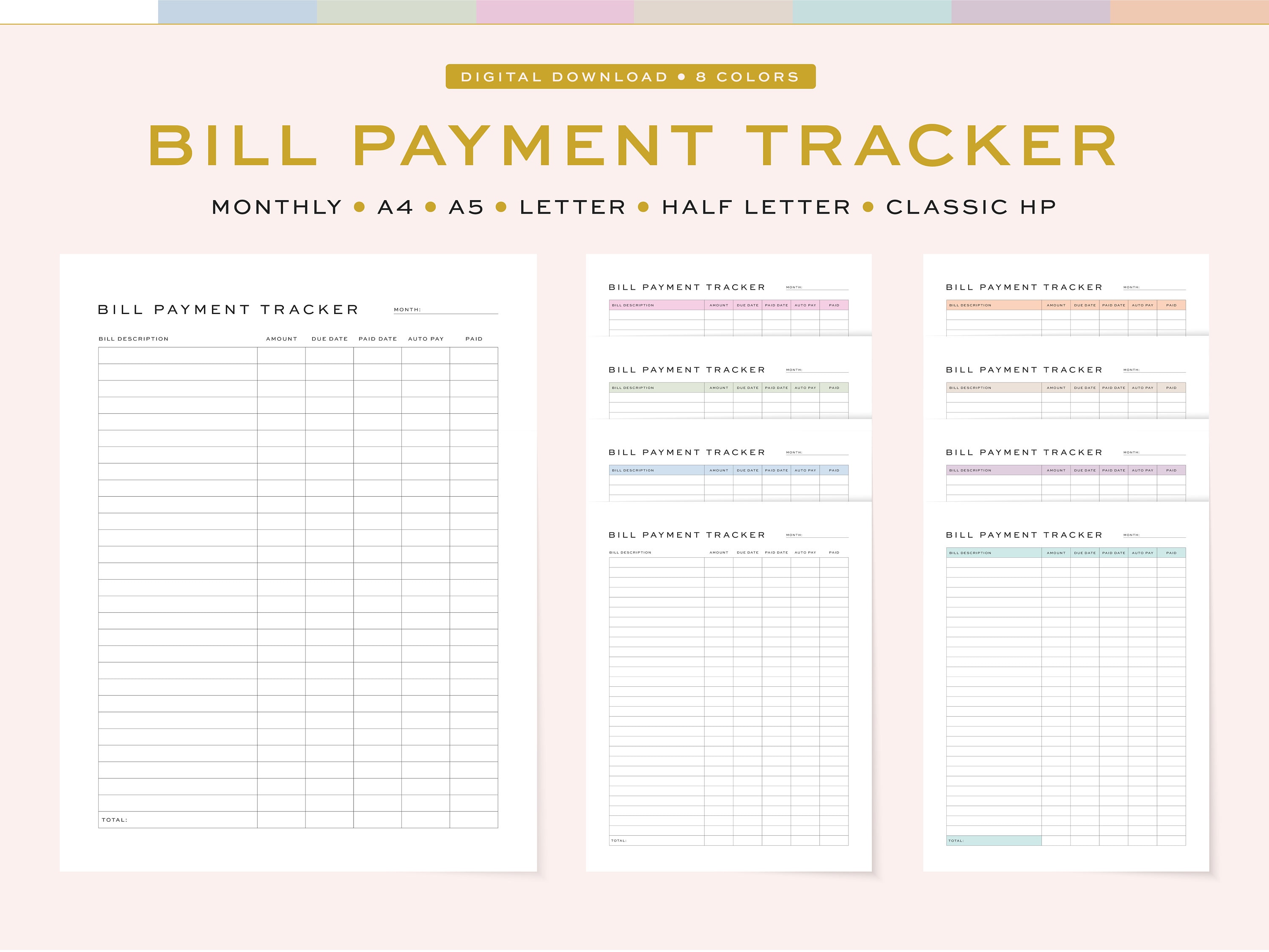 Printable Bill Payment Tracker, Fillable | Undated Monthly Bill Payment ...