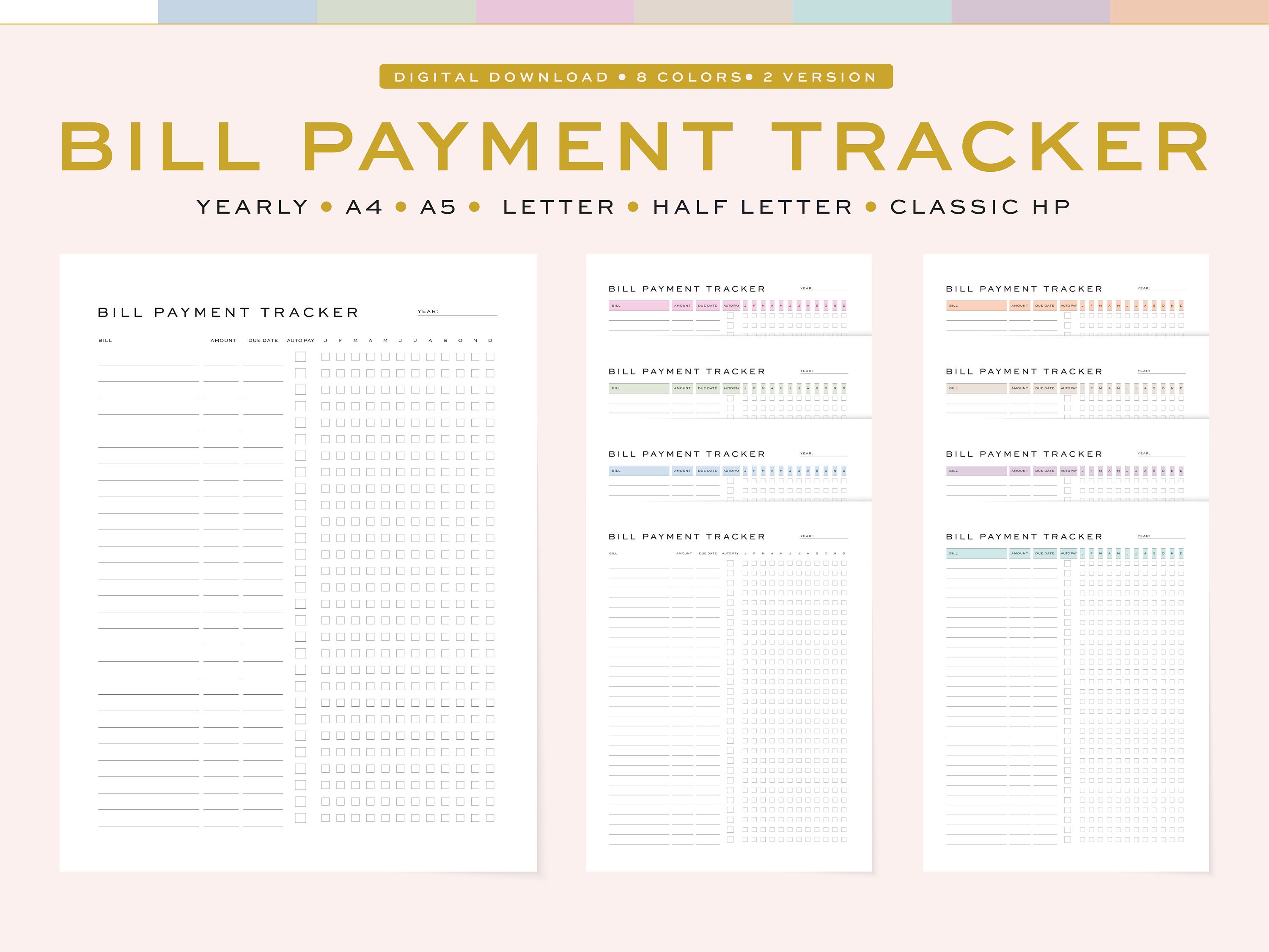Printable Bill Payment Tracker, Vertical, Yearly / Monthly annual ...