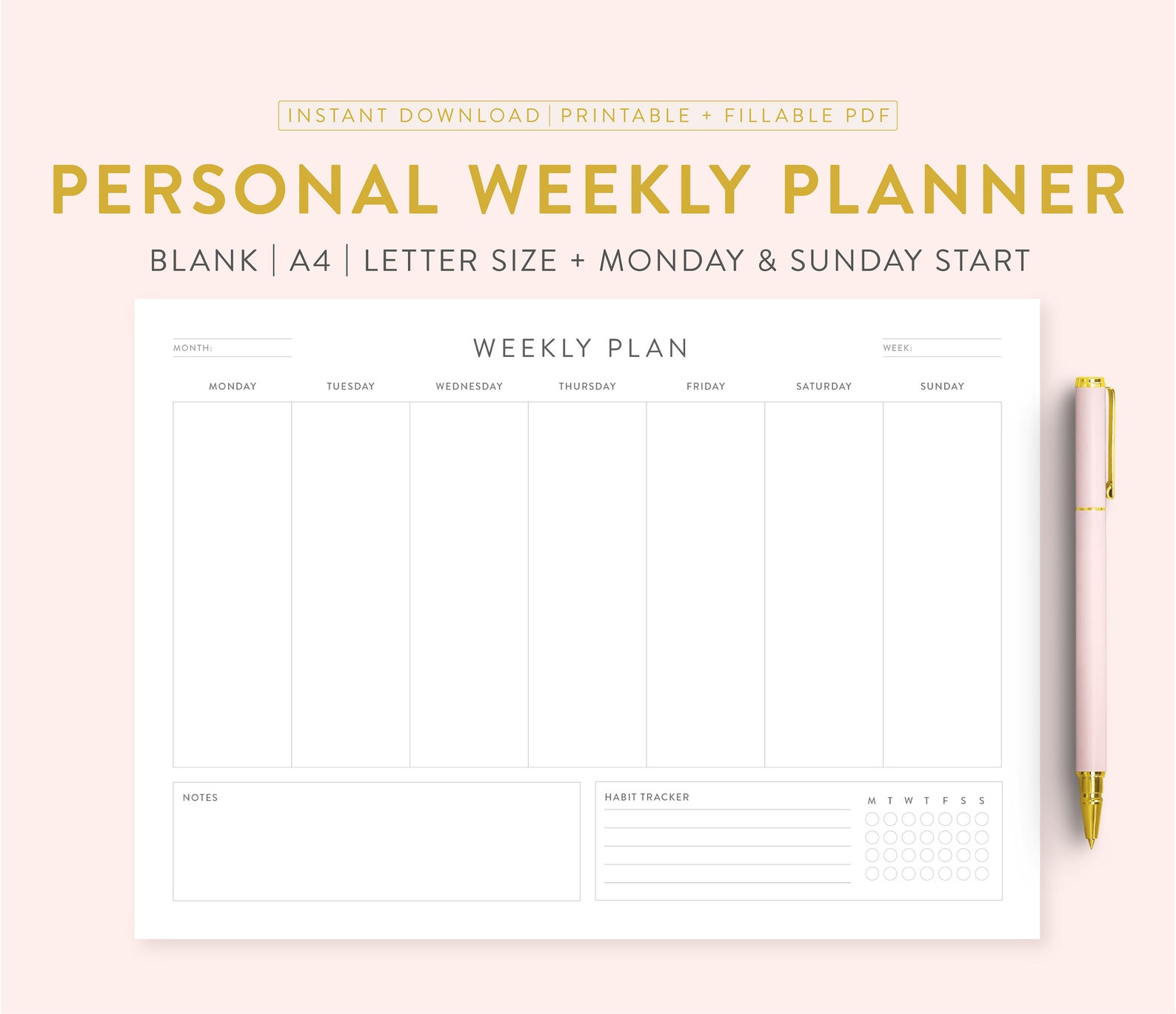 Personal Weekly Planner Printable Fillable Undated Weekly | Etsy