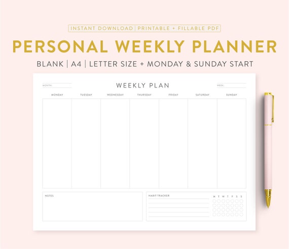 Personal Weekly Planner Printable Fillable Undated Weekly | Etsy