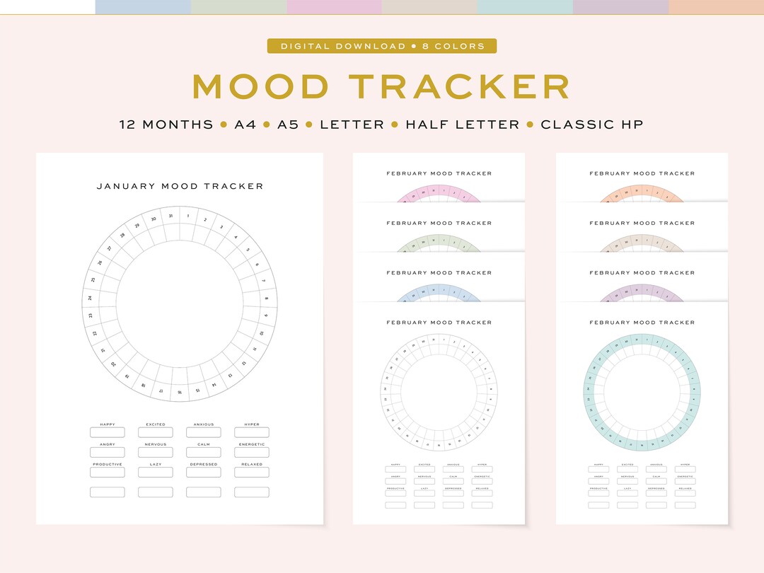 Printable Mood Tracker | 12 Months Mood Tracker, Planner | 5 Sizes, A4 ...