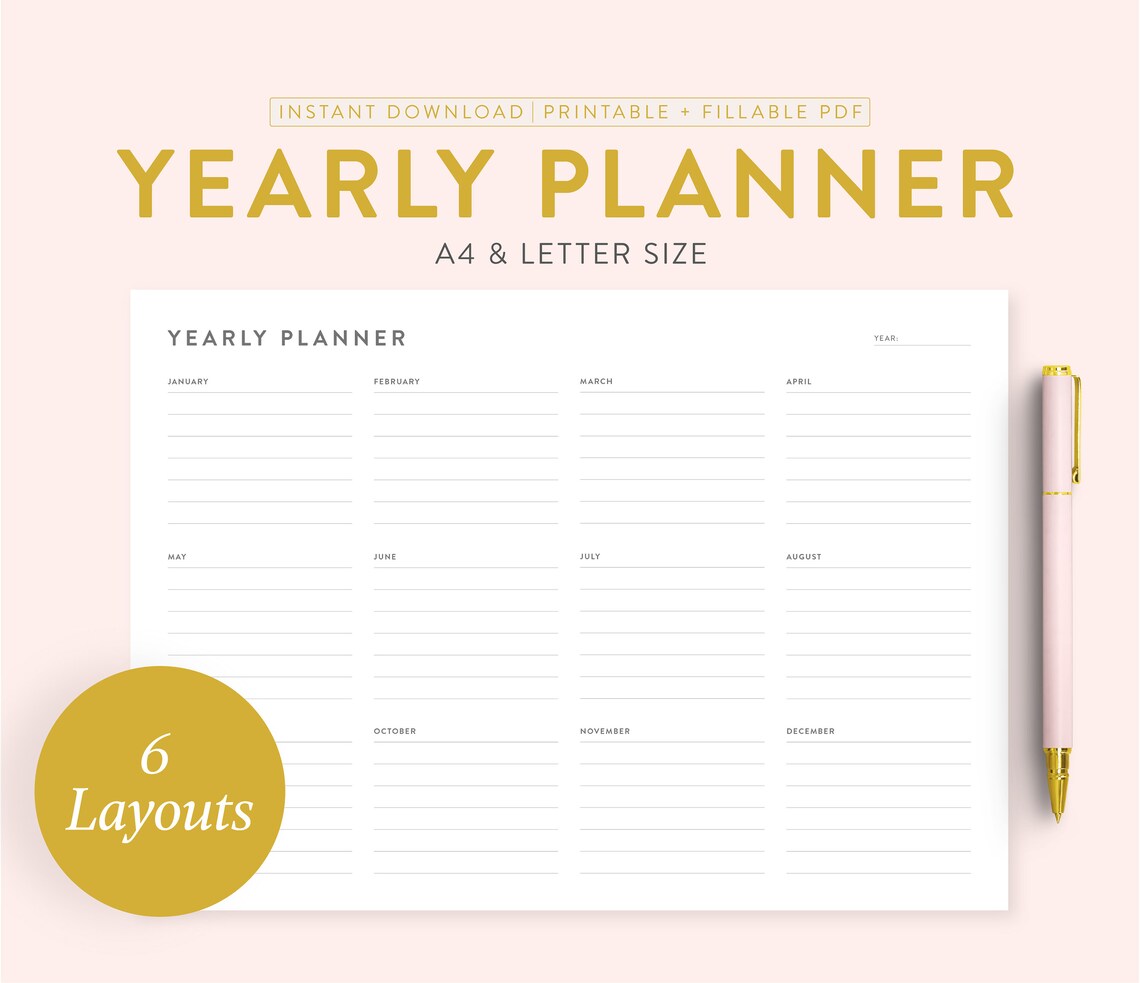 Printable Yearly Planner Fillable Undated Yearly Planner | Etsy