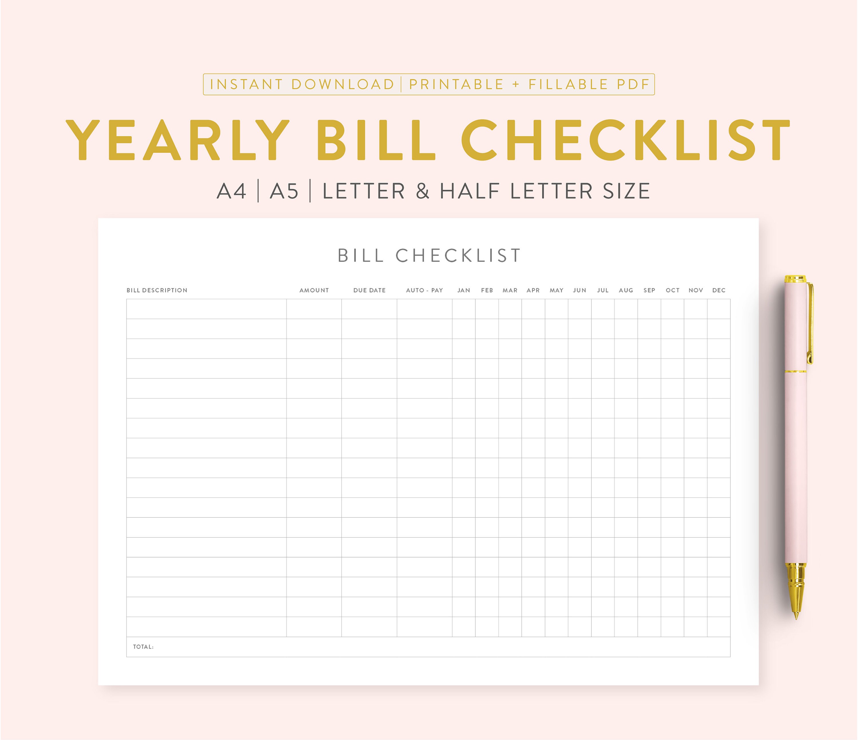 Printable Bill Checklist Fillable Yearly Bill Checklist 4 | Etsy UK