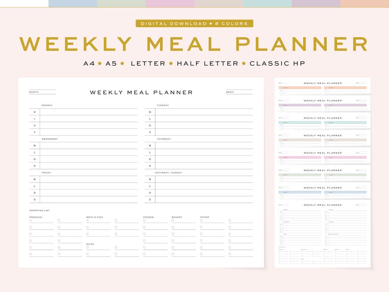 Printable Meal Planner, Fillable | Weekly Meal Planner | 5 Sizes: A4 ...