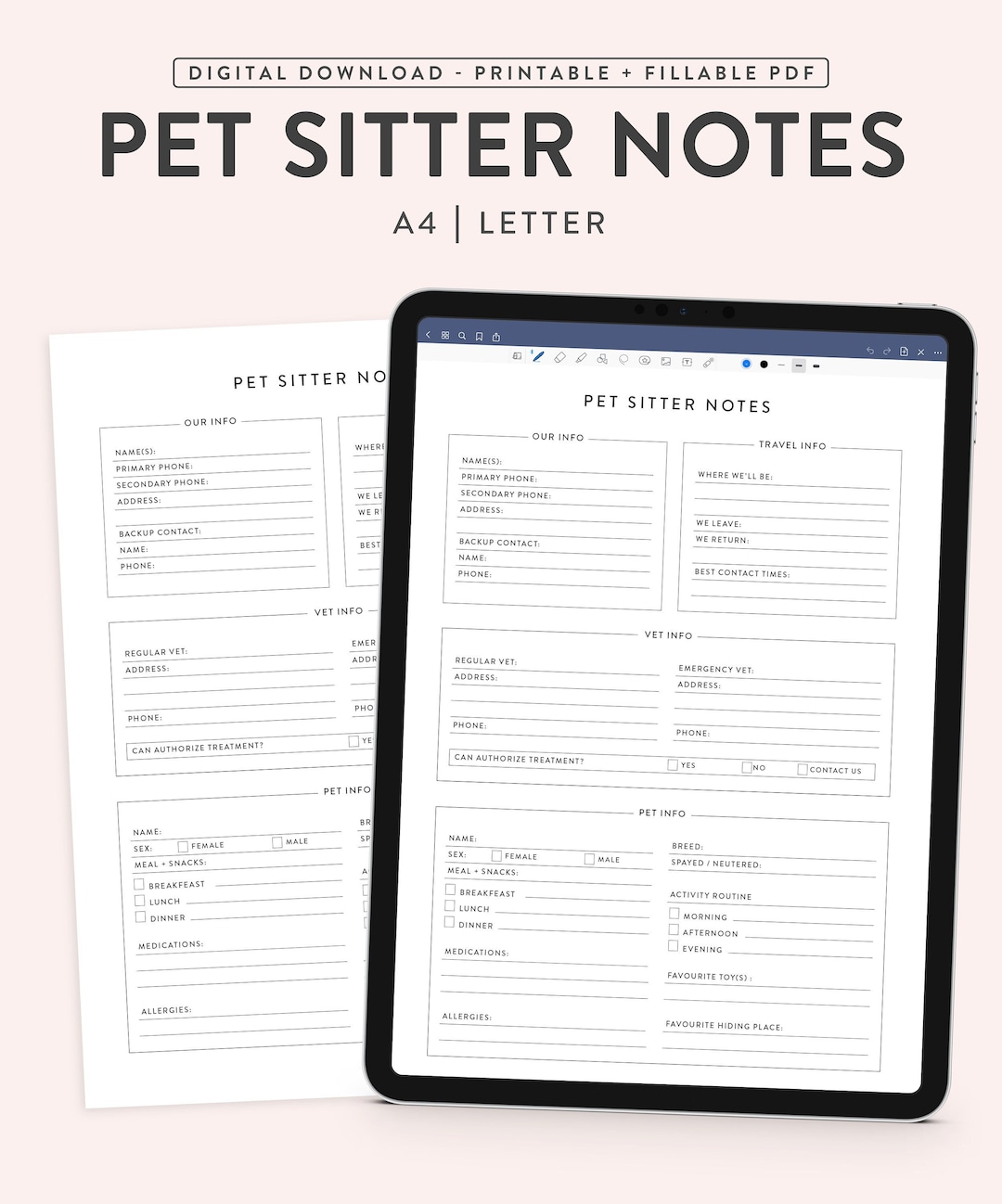 Printable Pet Sitter Notes, Pet Sitting Forms Insert, Fillable Pet ...