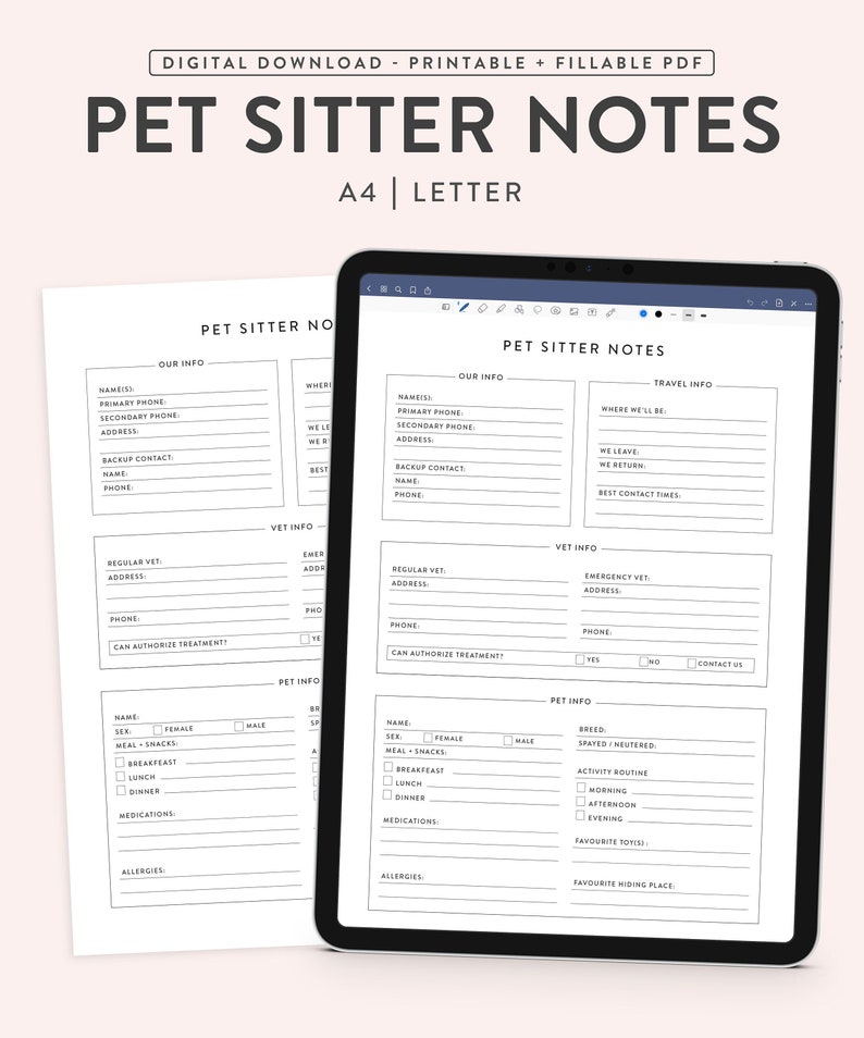 Printable Pet Sitter Notes, Pet Sitting Forms Insert, Fillable Pet ...