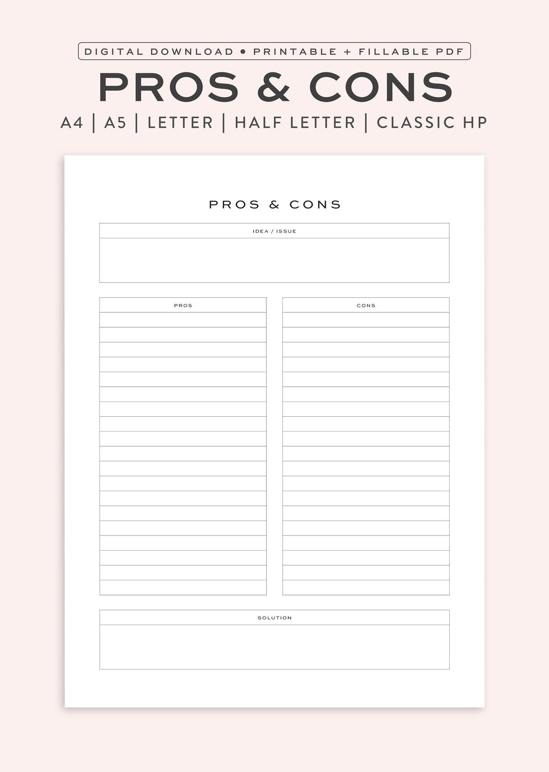 Printable Pros Cons List Fillable Pros and Cons Idea - Etsy