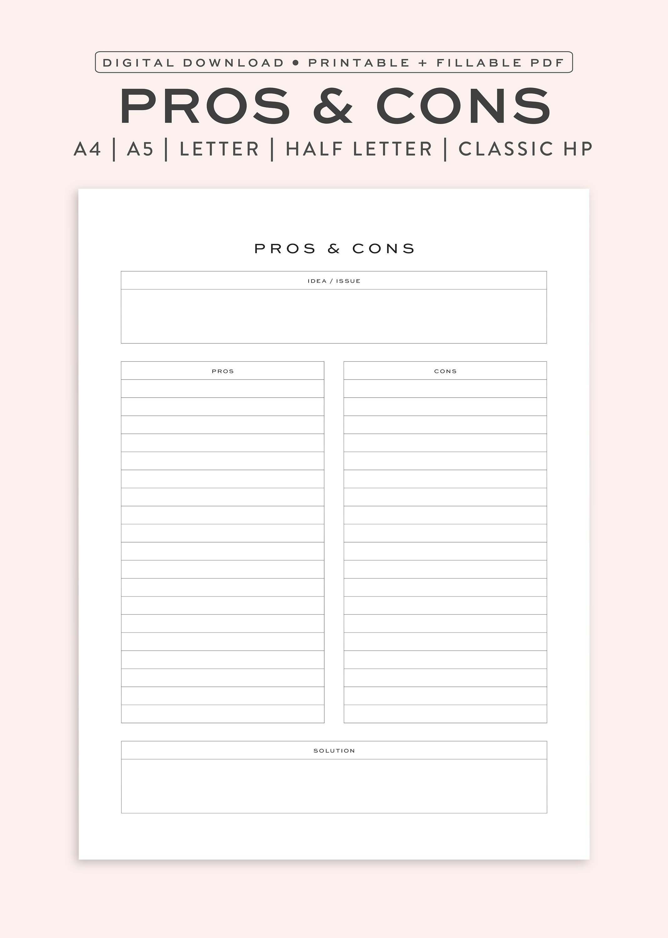 Printable Pros Cons List Fillable Pros and Cons Idea - Etsy UK