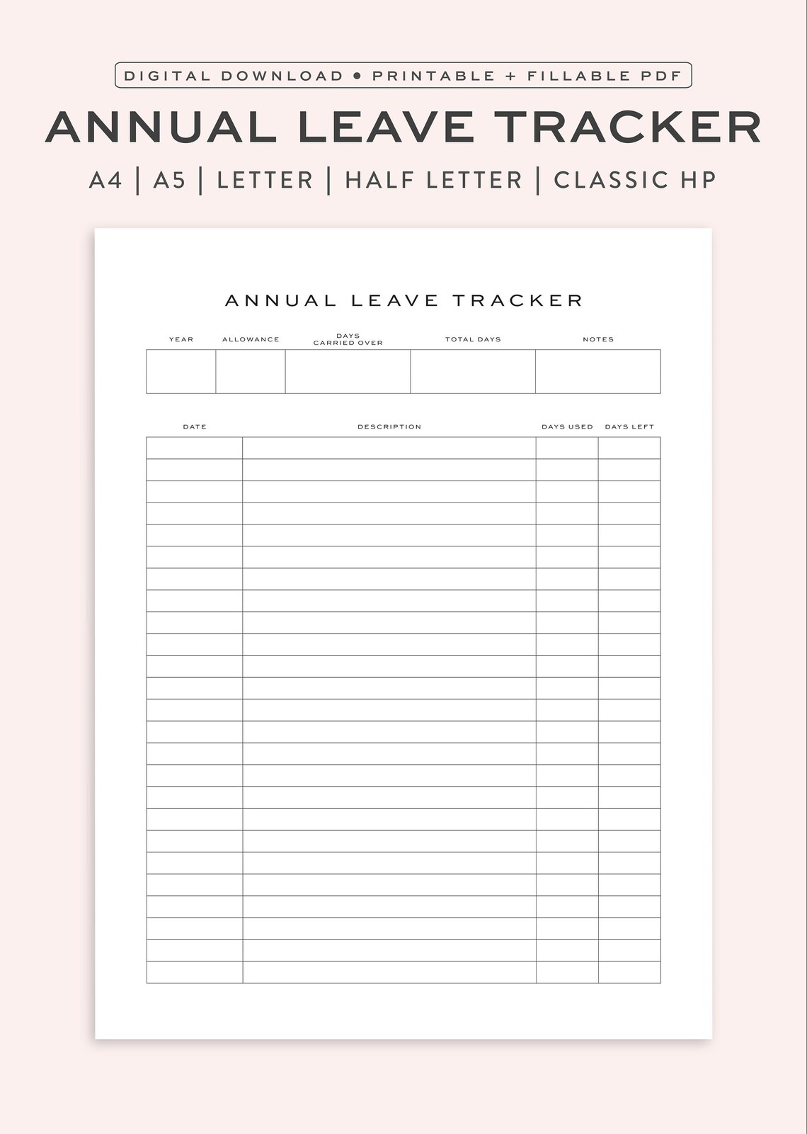 Printable Annual Leave Tracker Fillable Work Leave Tracker - Etsy UK